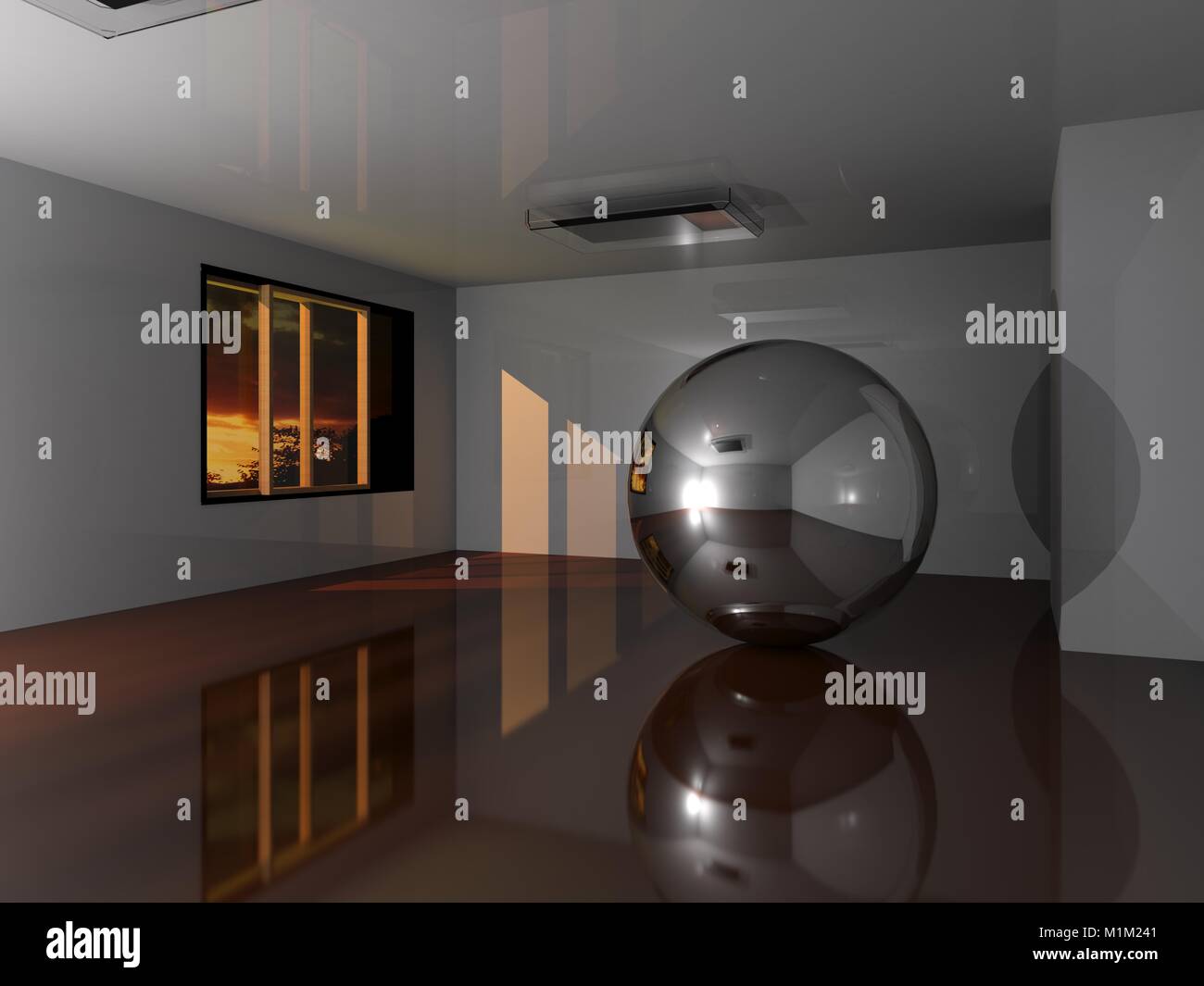 Metallic sphere in a room at sunset Stock Photo - Alamy