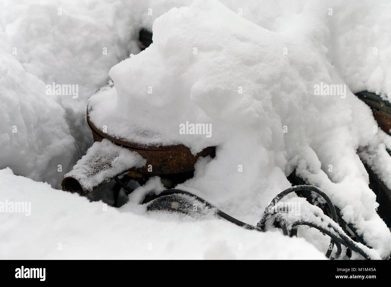 Non starting Covered with snow old car engine, outside closeup Stock ...
