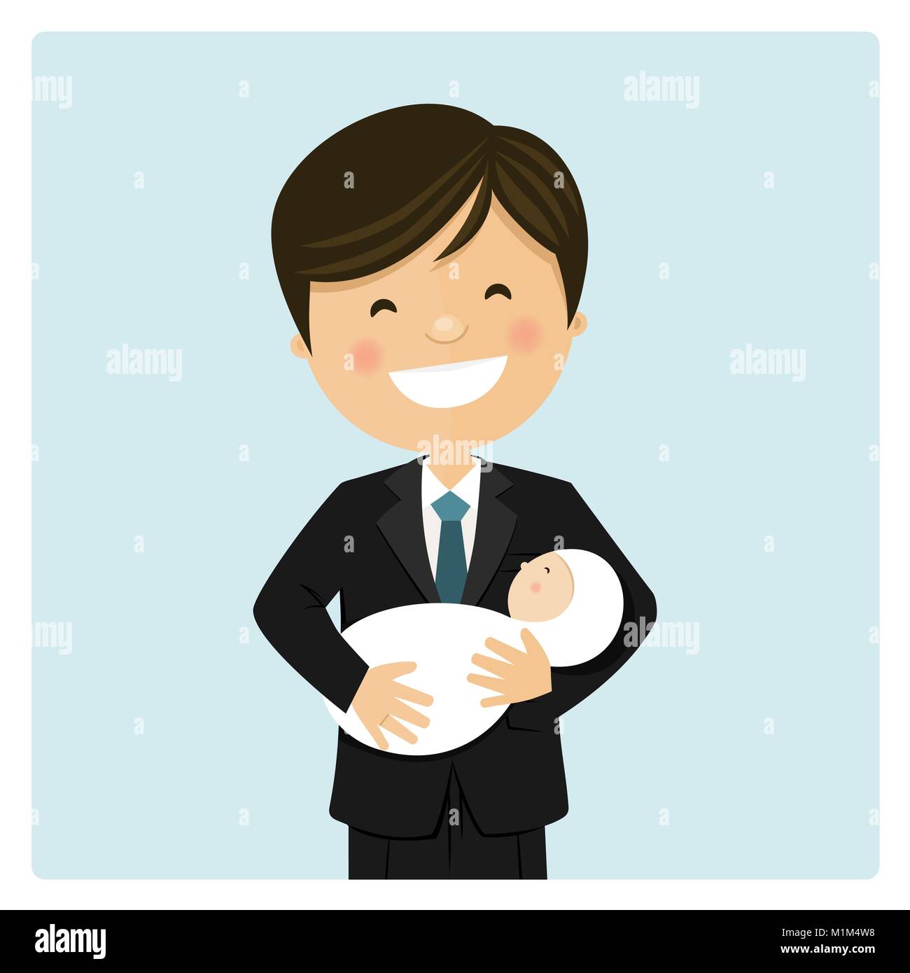 Happy dad taking care his baby and blue background. Vector illustration ...