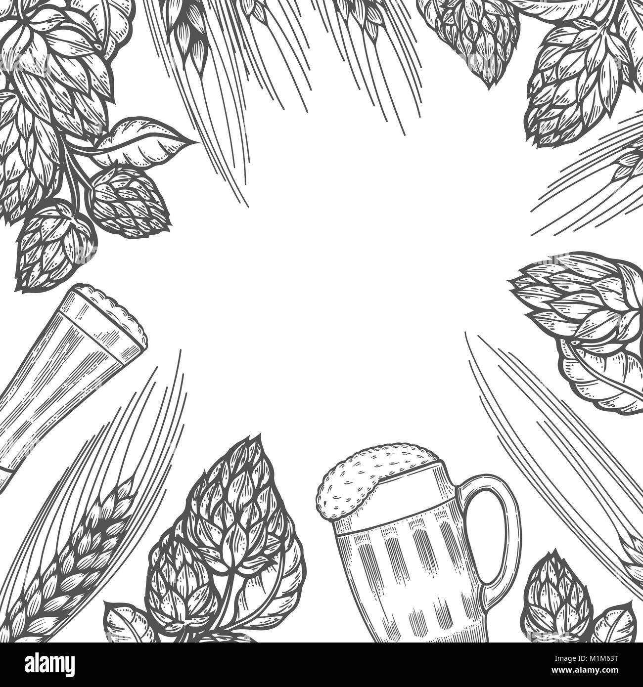 Monochrome beer menu design template. Engraved illustration with barley ...