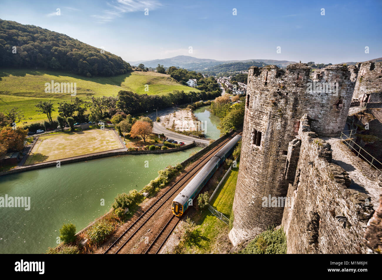 Famous Conwy Castle in Wales with train, United Kingdom, series of ...