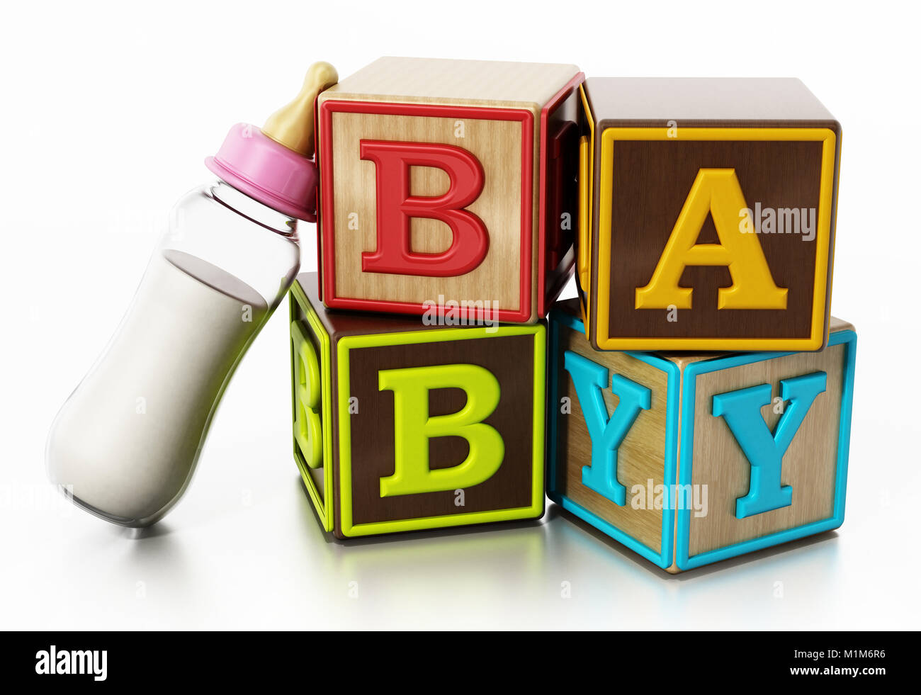 Baby cubes and feeding bottle isolated on white background. 3D ...