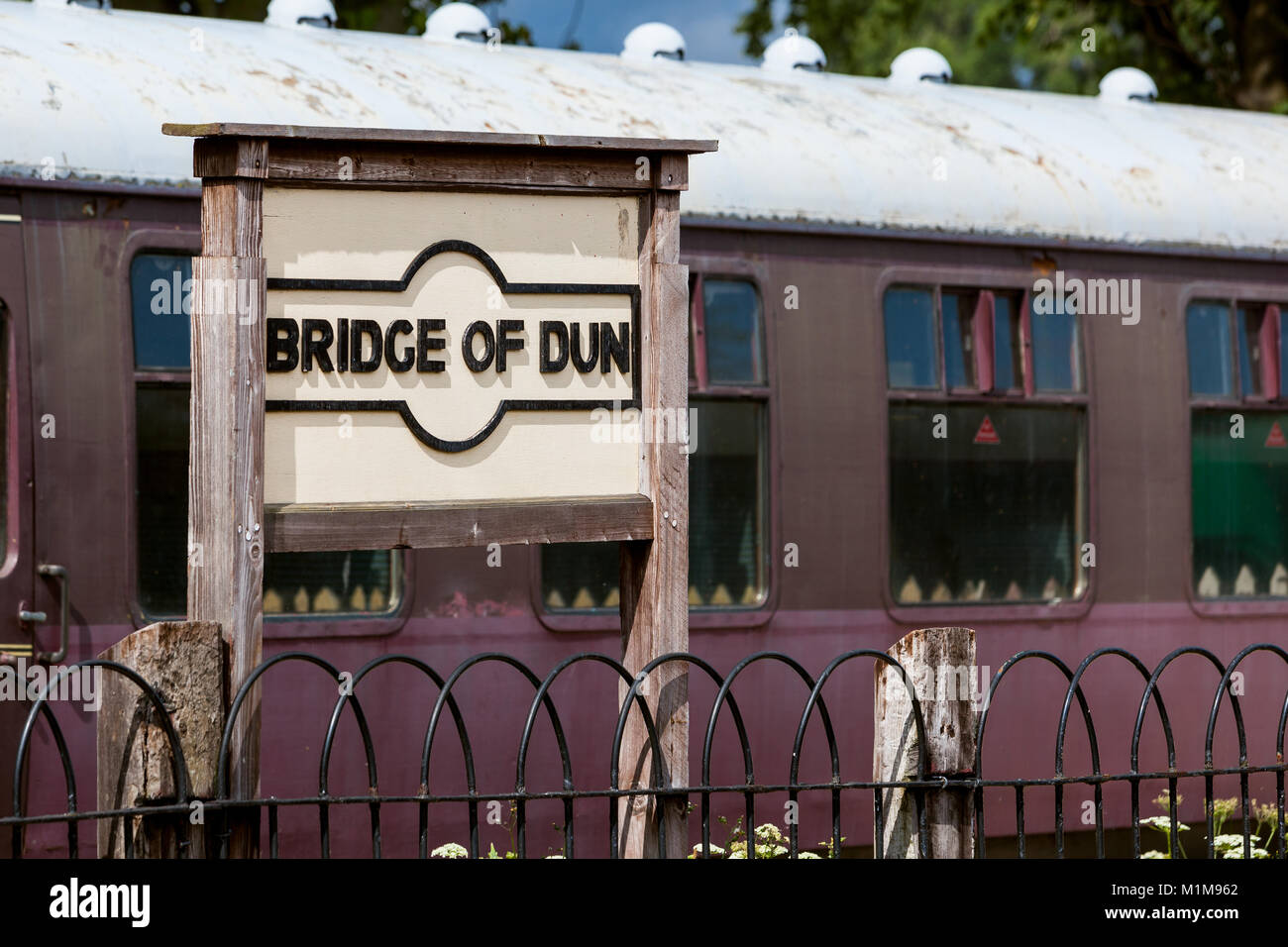 Old platform sign. Bridge of Dun Railway station. Scotland UK Stock ...