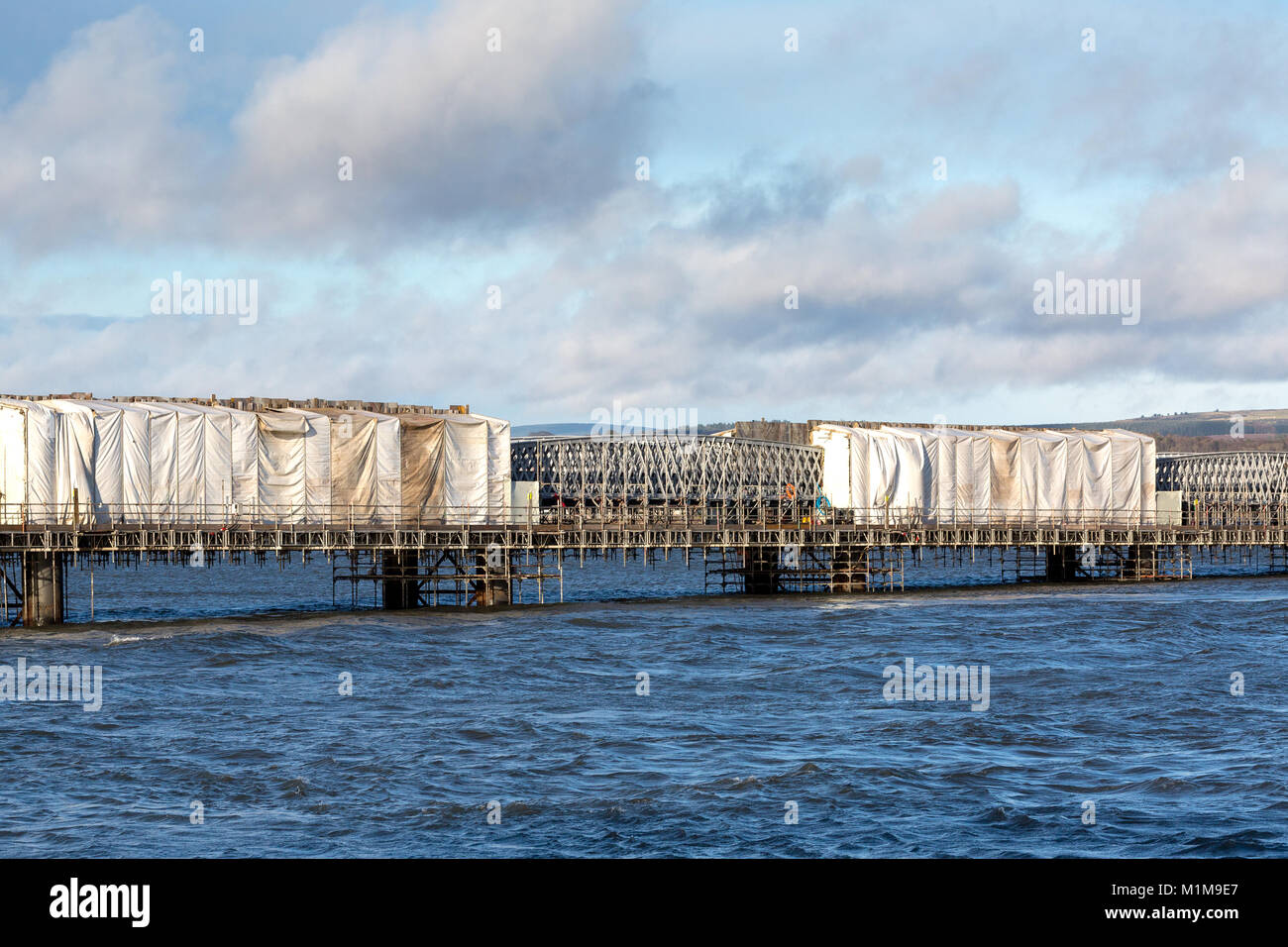 Engineering works. Maintenance, repair of east coast railway bridge over Montrose basin Scotland ...