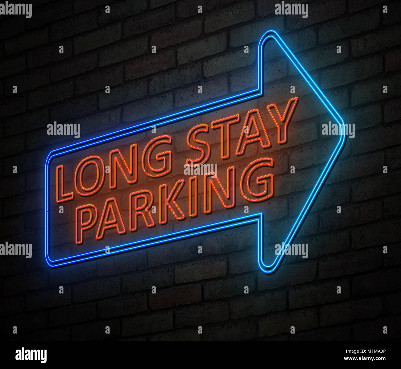 3d Illustration depicting an illuminated neon sign with a long stay ...