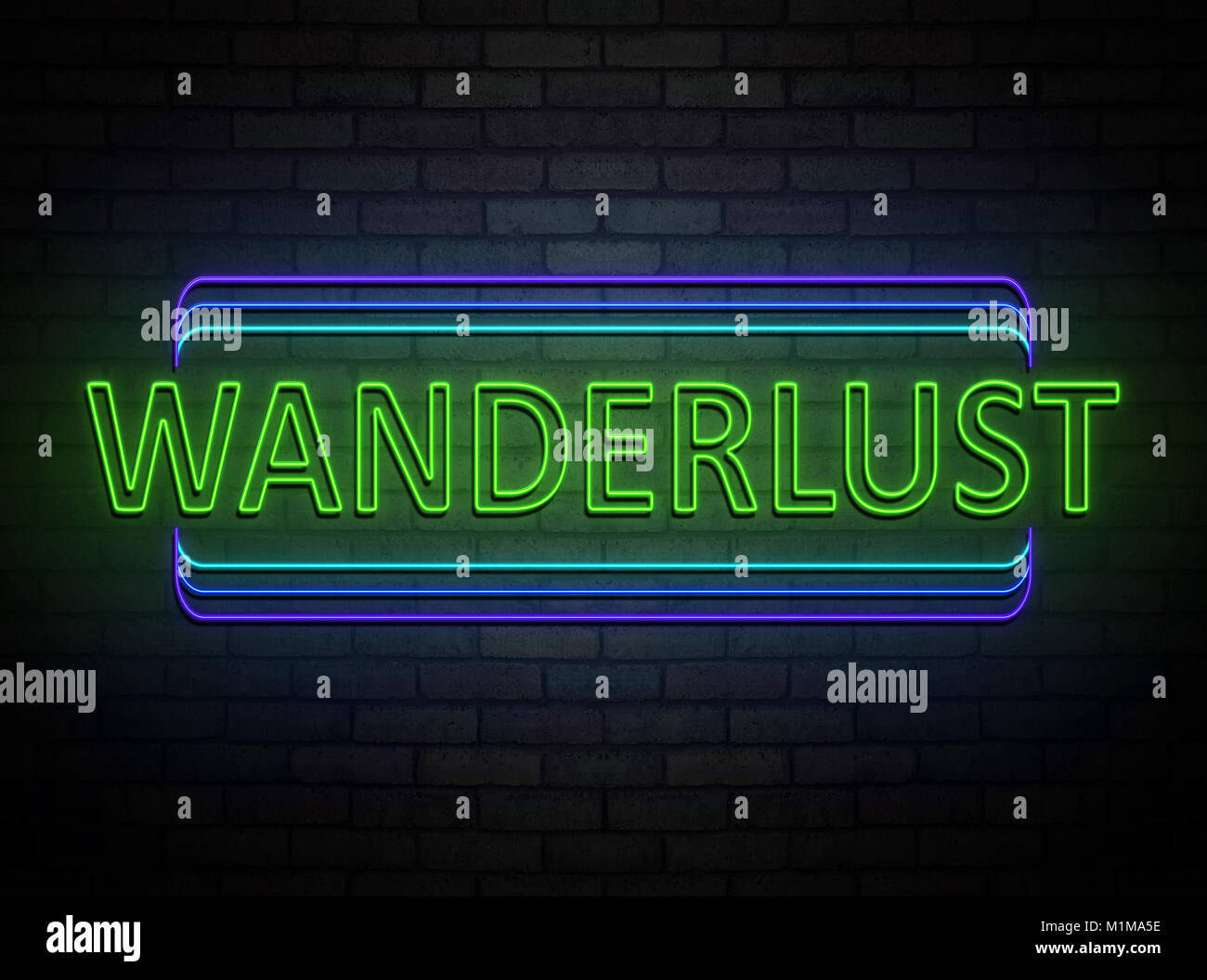 3d Illustration depicting an illuminated neon sign with a wanderlust ...