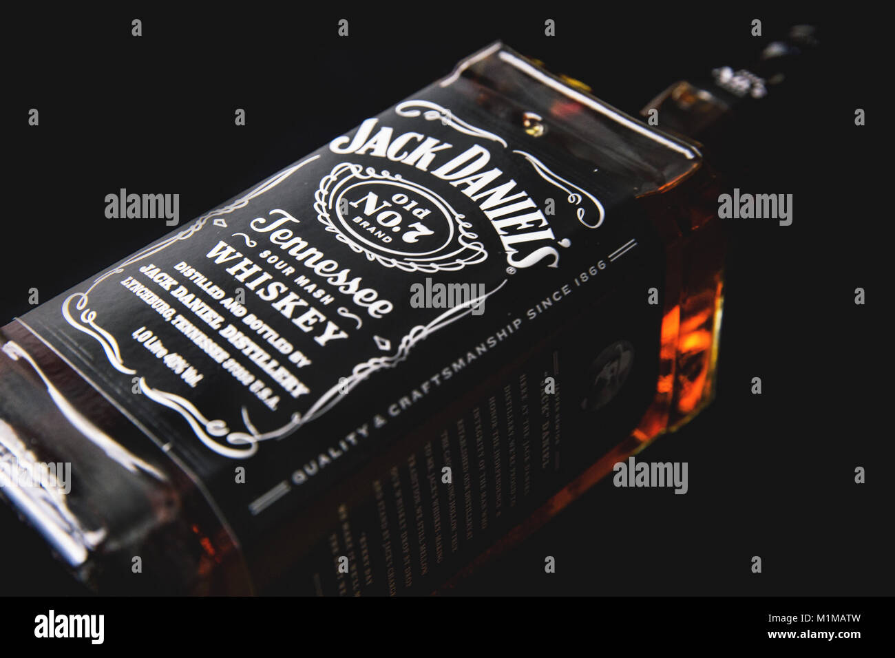 LONDON - MAY 05, 2015: Jack Daniels Whiskey bottle on dark background ...