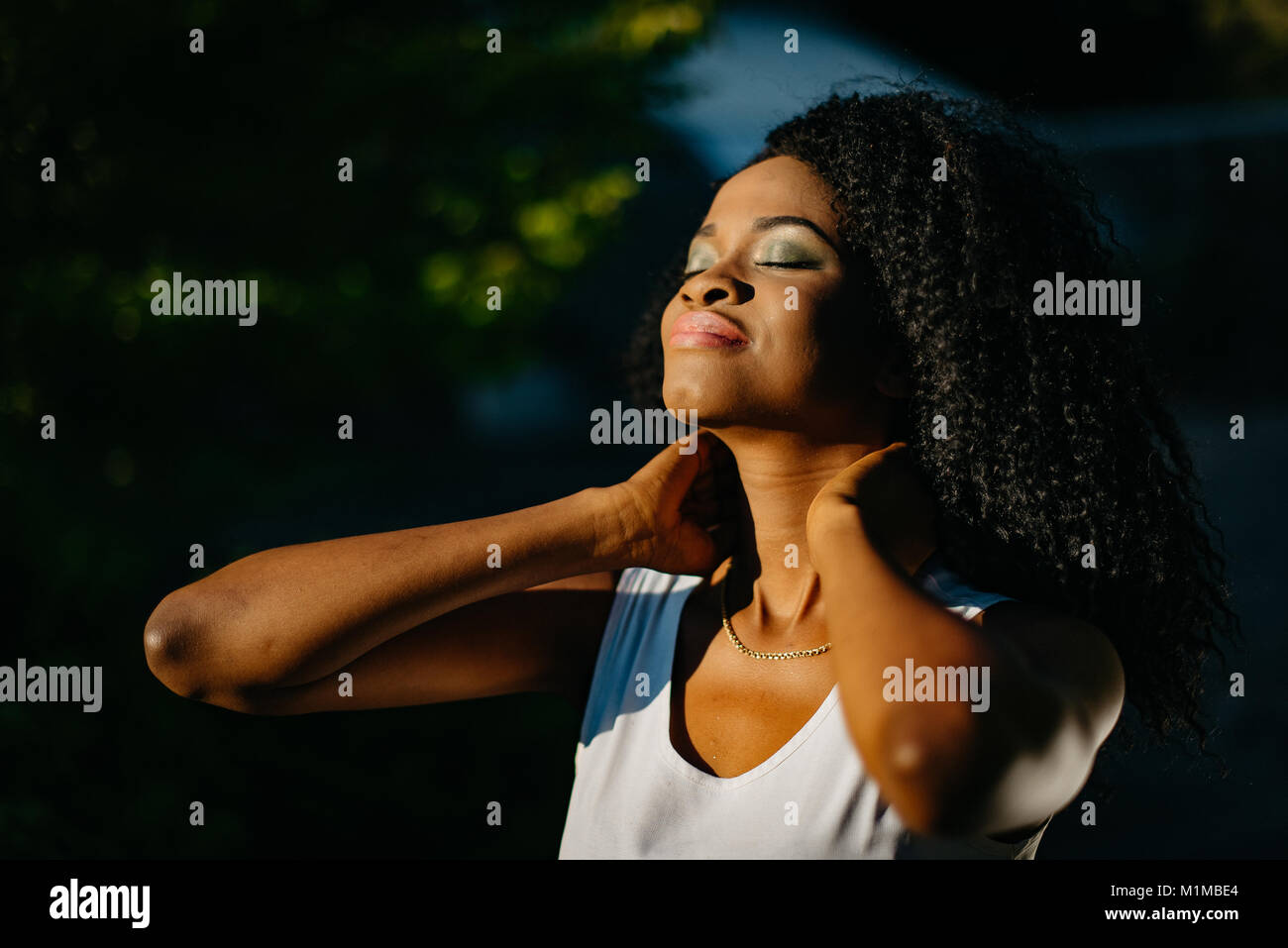 Portrait of the attractive peaceful african girl with green eye shadows ...