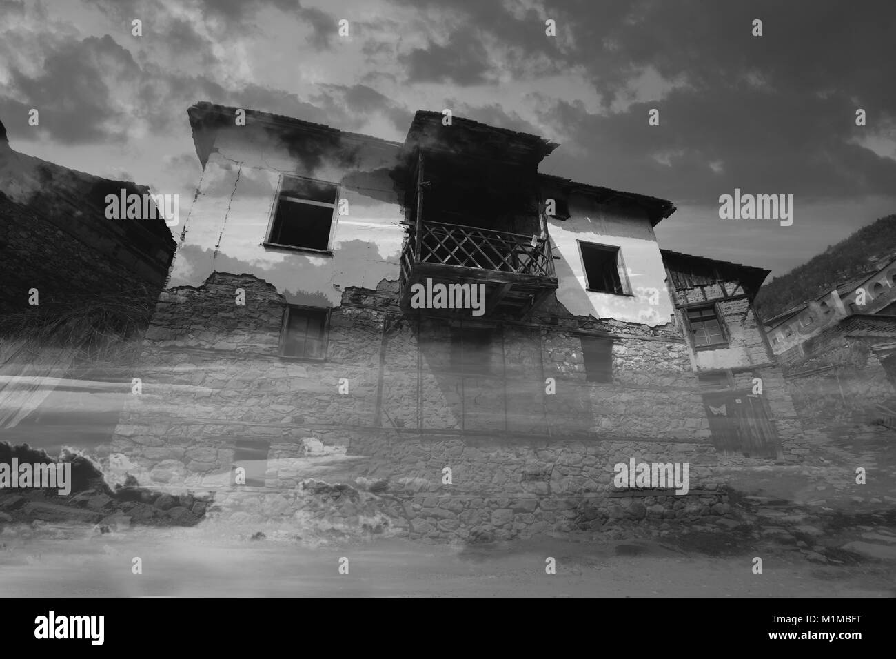 Abandoned Horror village, abstract double exposured spooky background ...