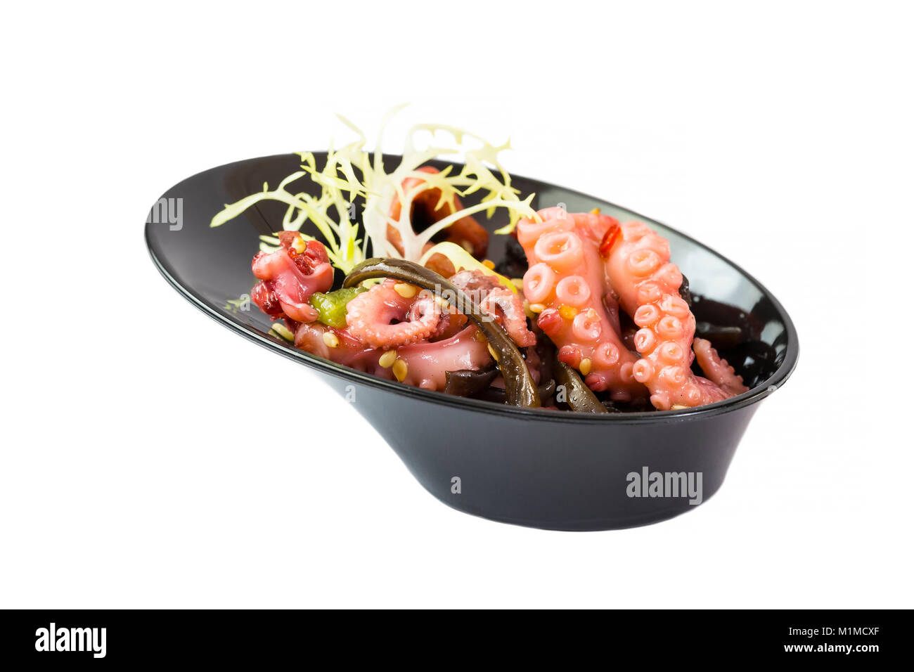 Mini canapes with seafood and vegetables and herbs and in plastic ...