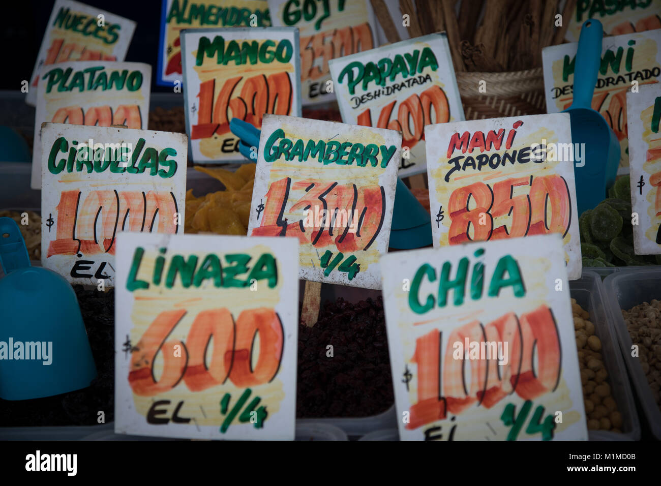 Market stall labels in Santiago, Chile Stock Photo - Alamy