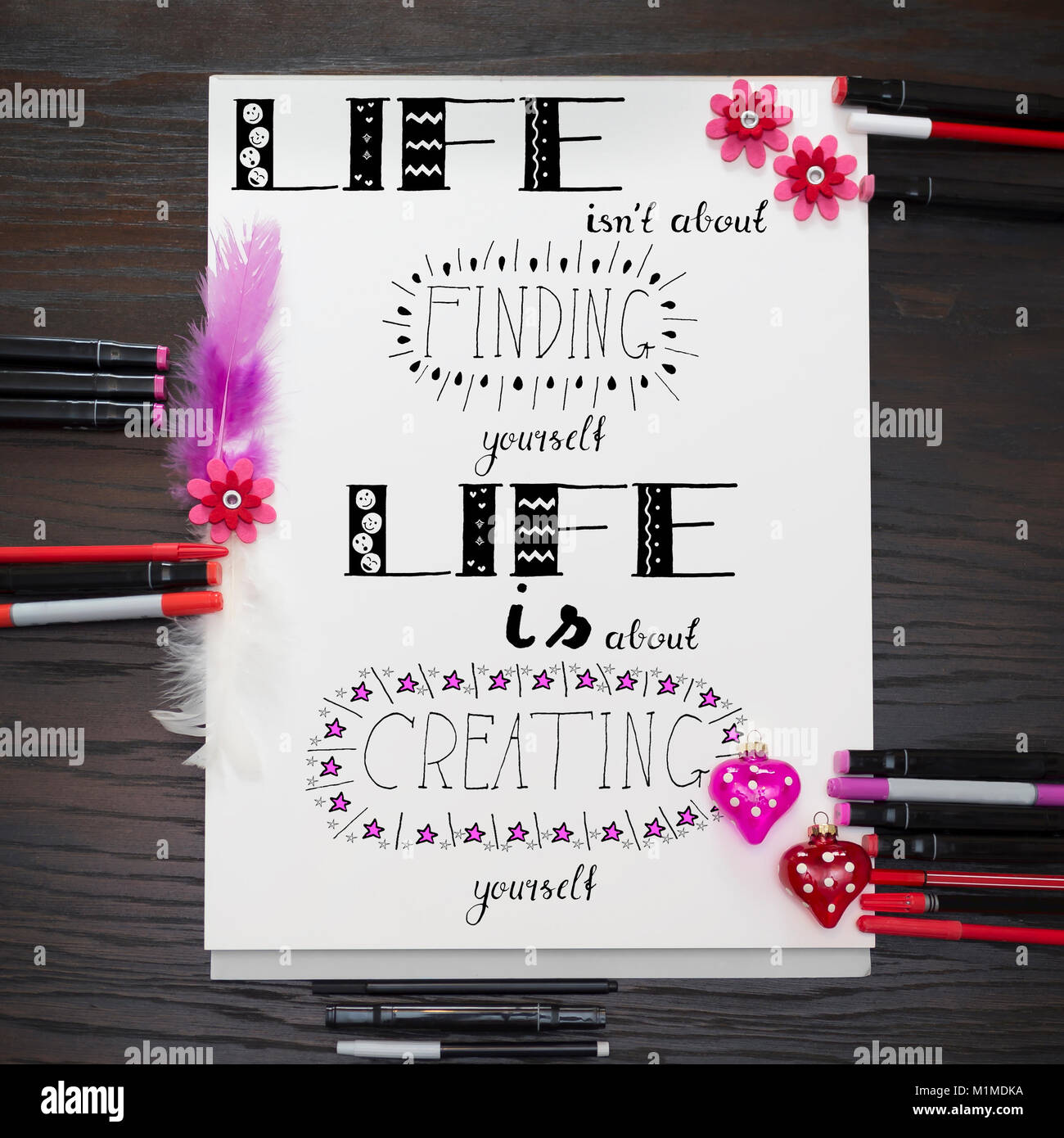 Hand lettering - A motto about life, drawn by hand, in pink and red ...