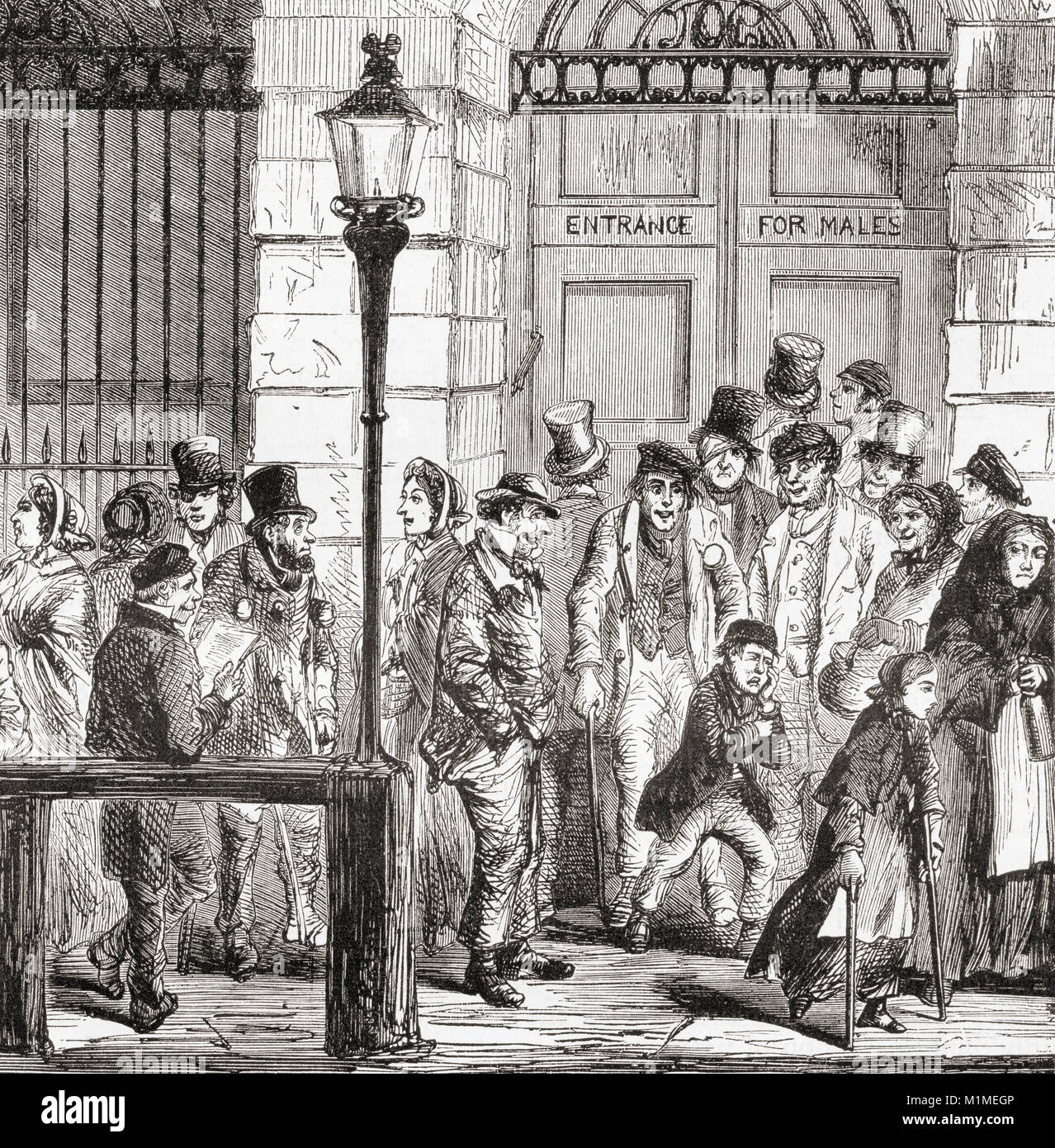 Poor people waiting at a hospital door in early 19th century London ...