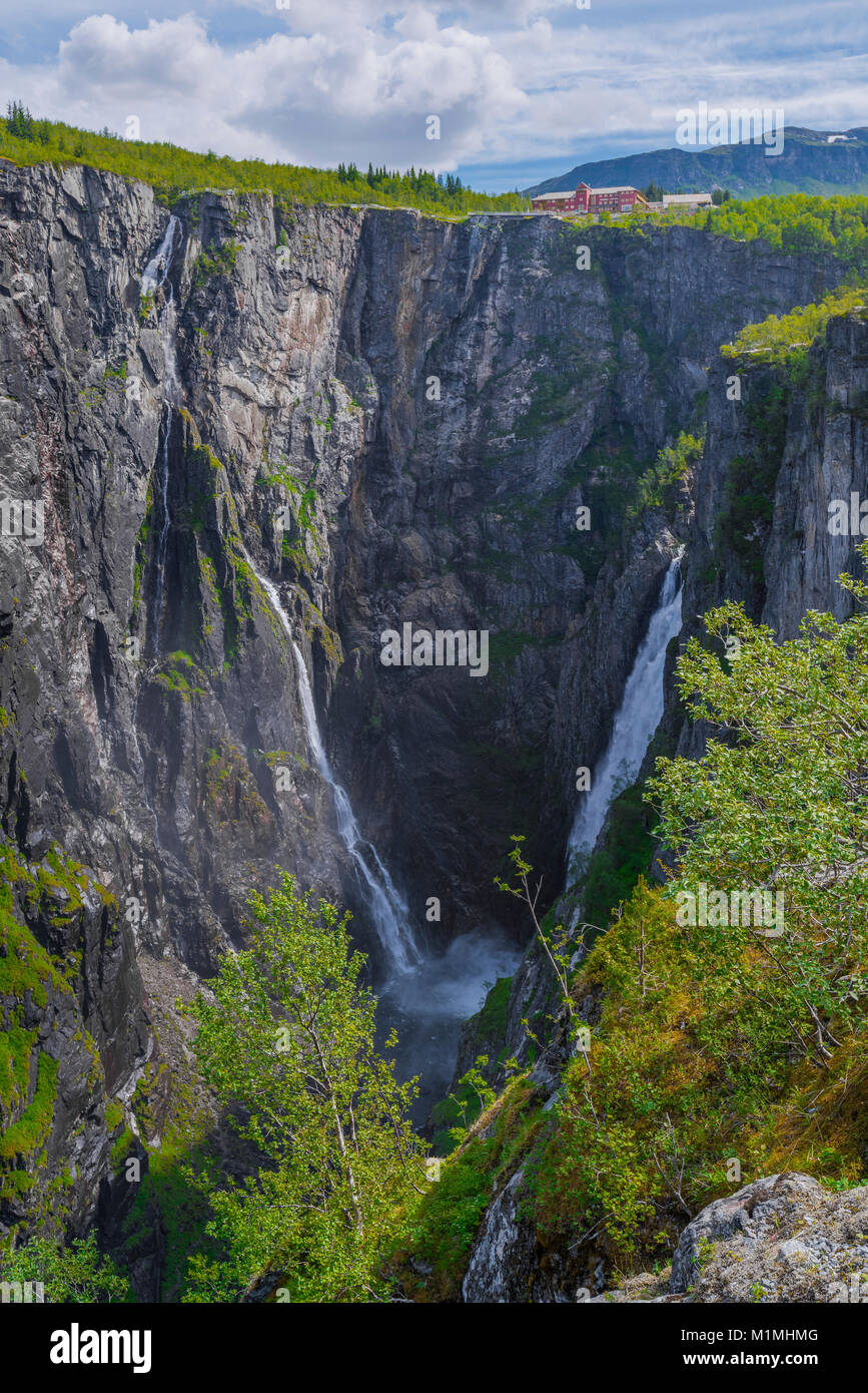 Waterfall Voringfossen and its ravine in the canyon of Mabodalen ...