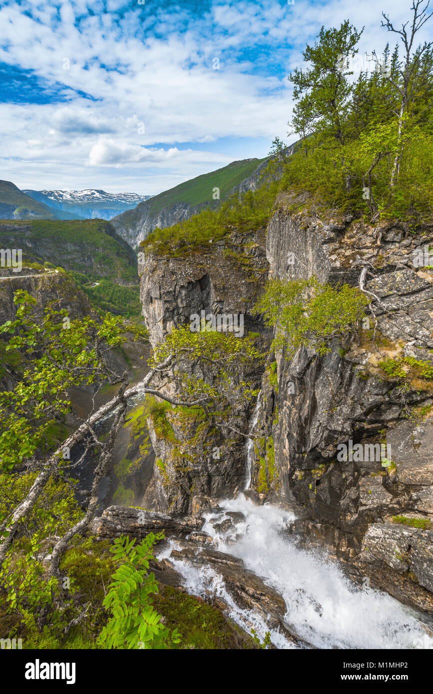 Waterfall Voringfossen in the wild landscape Mabodalen, Norway ...