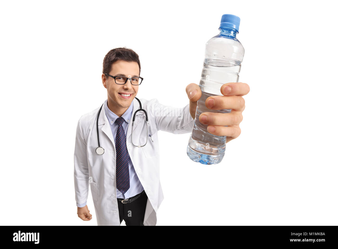 Doctor showing a bottle of water isolated on white background Stock ...