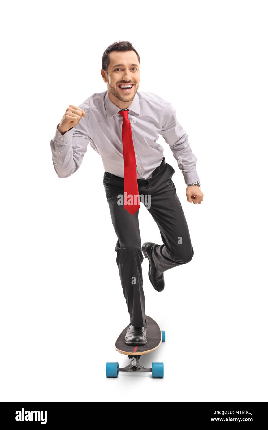 Full length portrait of a businessman riding a longboard and gesturing ...