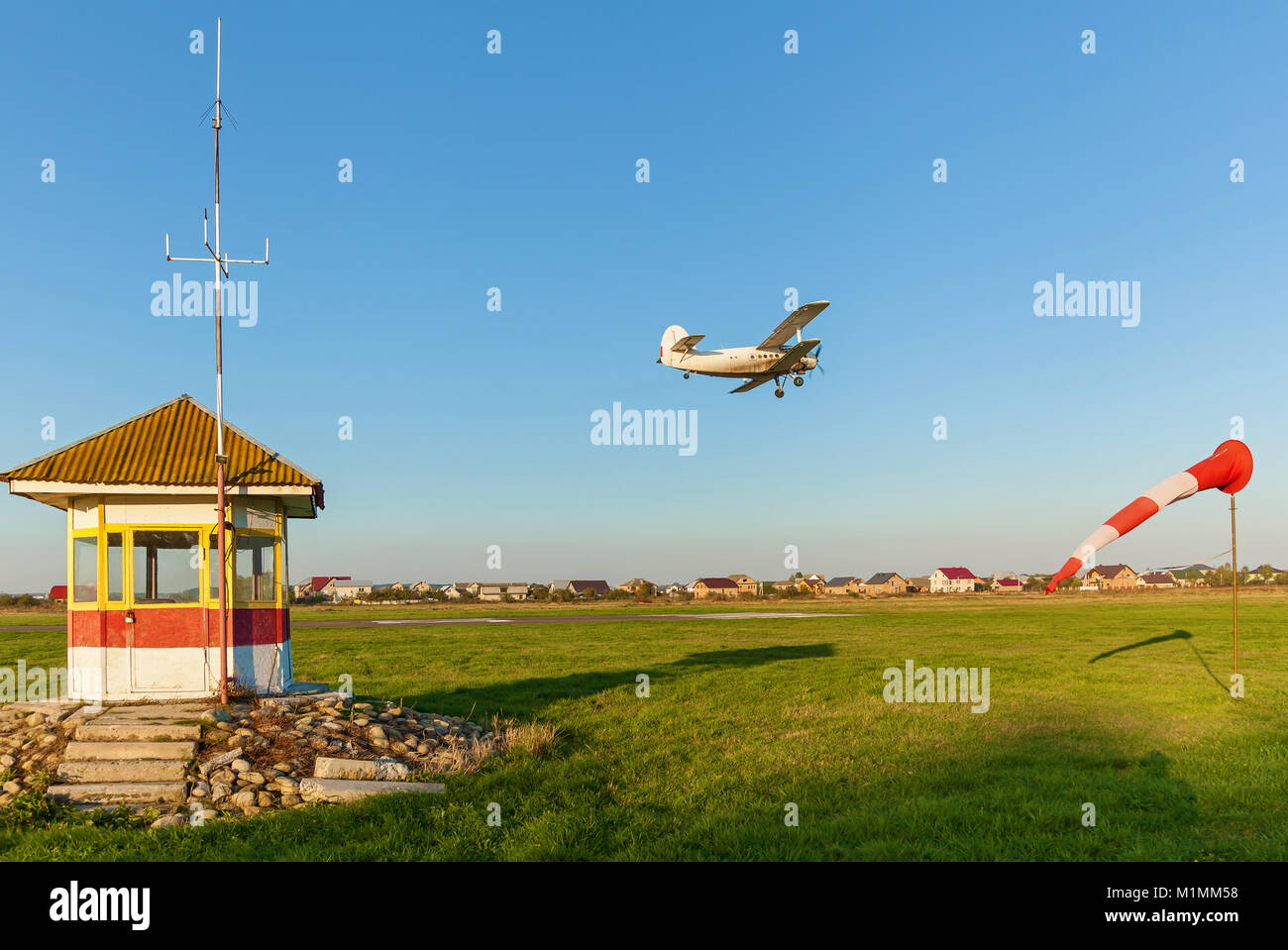 A private plane takes off on the runway. The takeoff strip of the ...