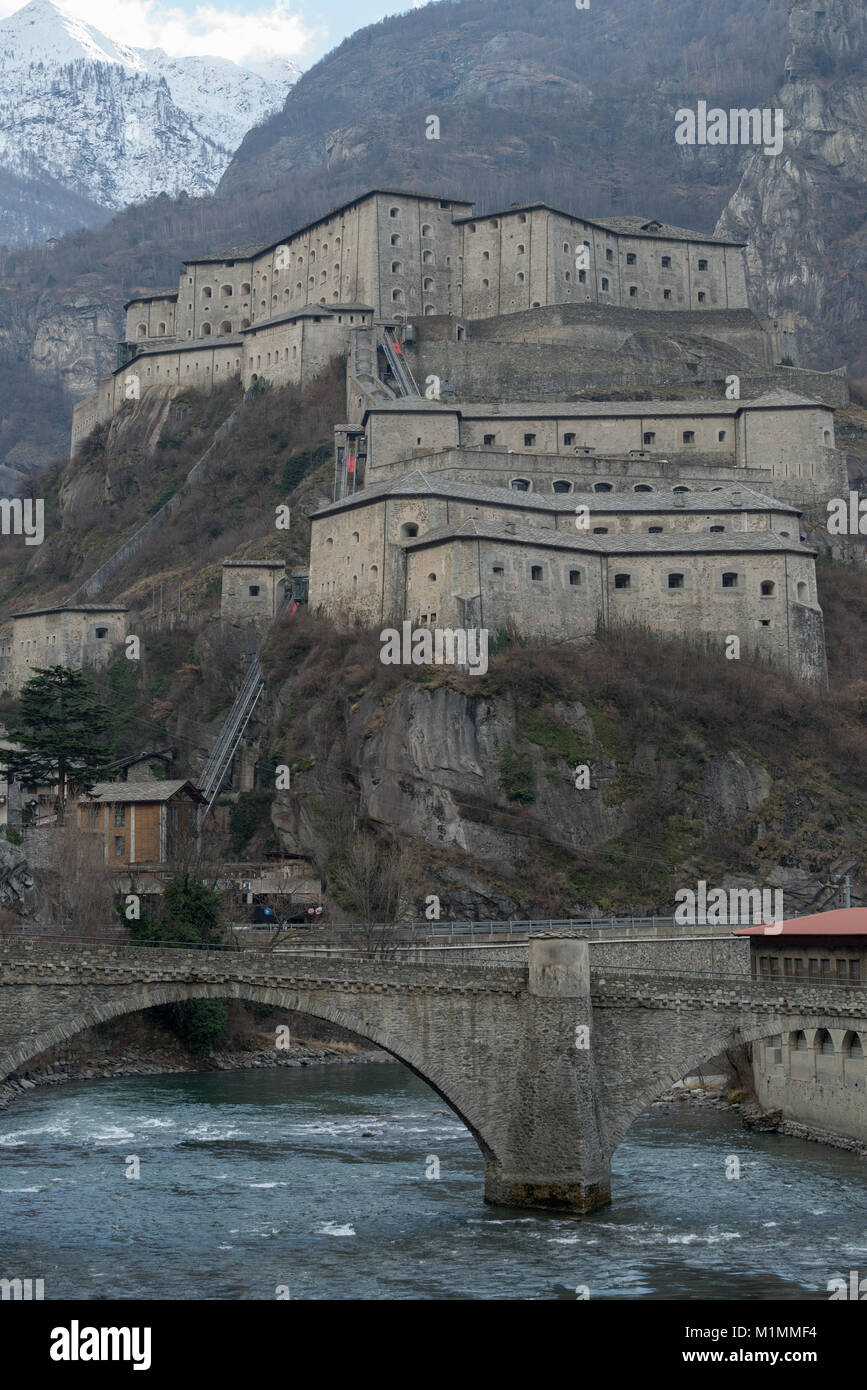 View of the Fort Bard fortified complex in Aosta Valley, Italy Stock ...