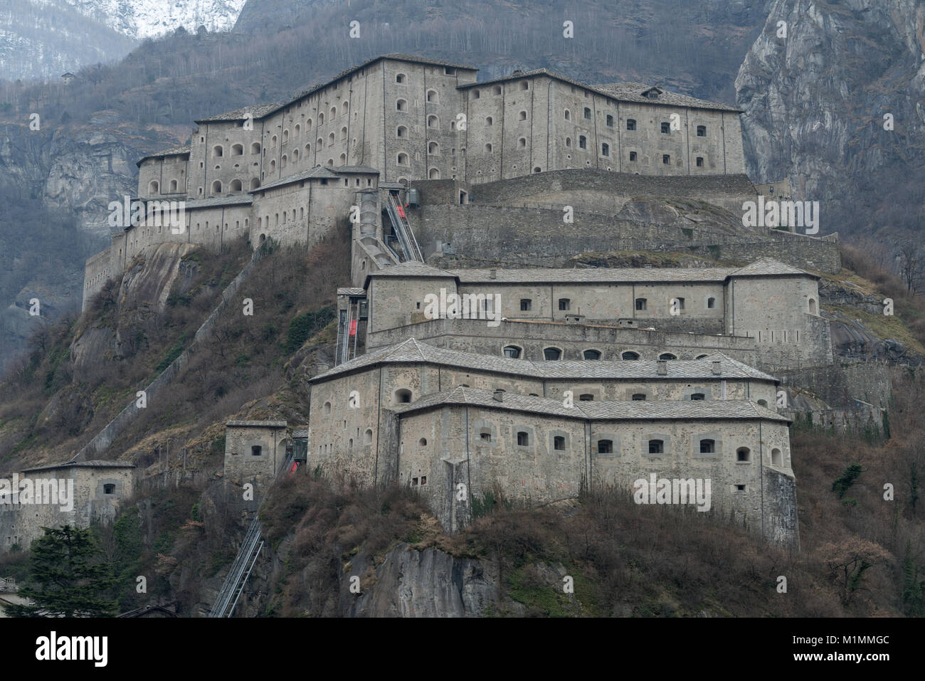 View of the Fort Bard fortified complex in Aosta Valley, Italy Stock ...