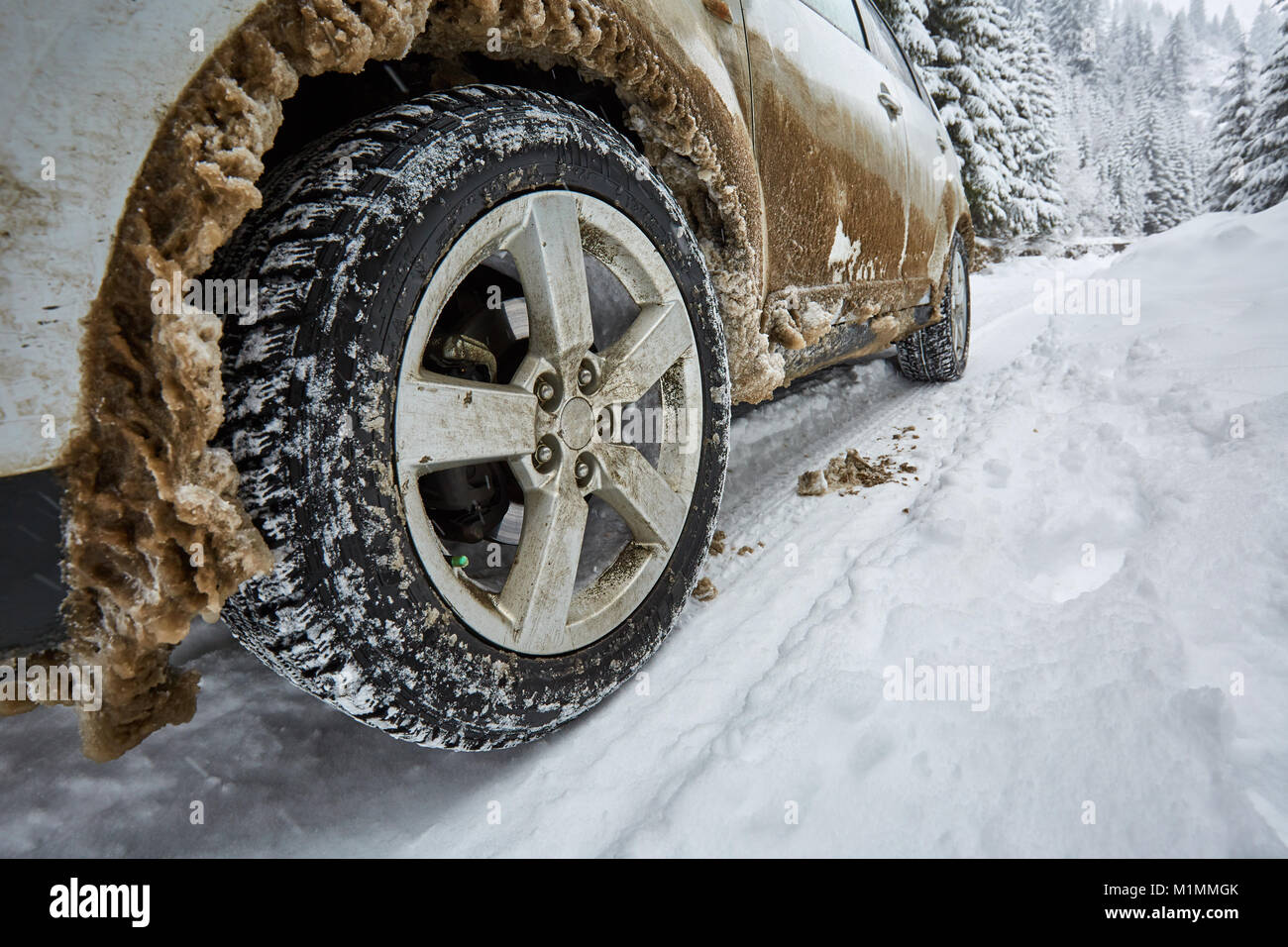 Closeup of 4x4 vehicle wheels in the snow Stock Photo - Alamy