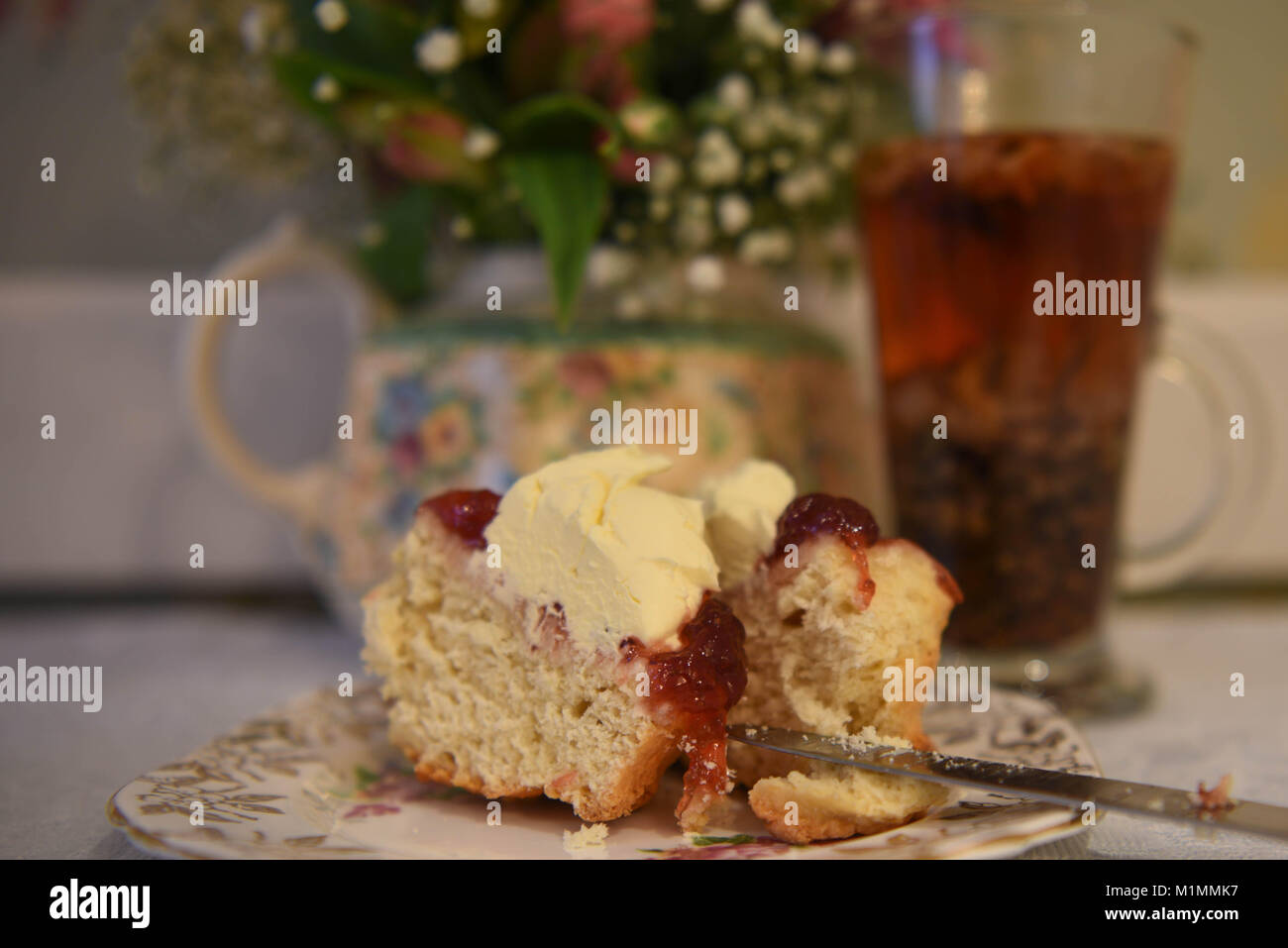 traditional old fashioned afternoon cream tea food with scone cream and ...