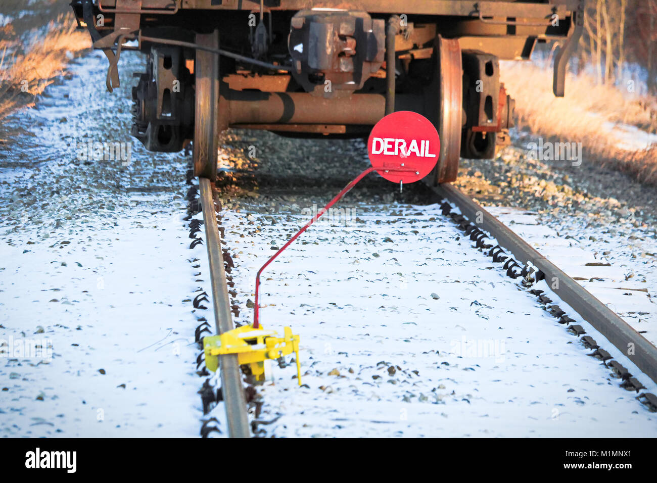 Closeup of a derail sign on a track rail Stock Photo - Alamy