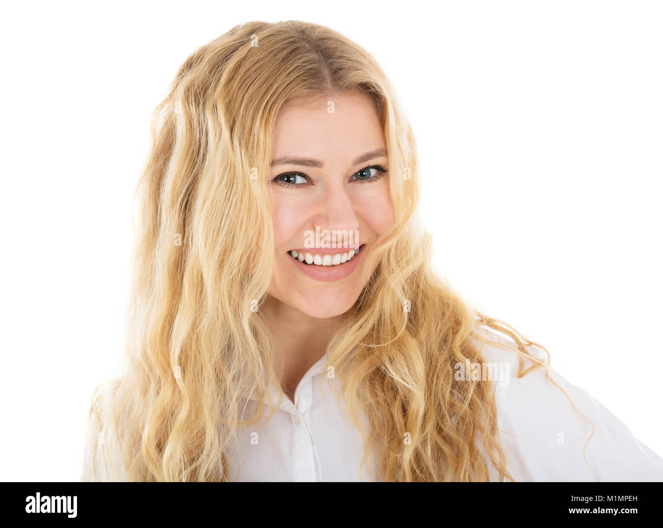 Portrait Of Happy Young Hostess In Front Of White Background Stock ...
