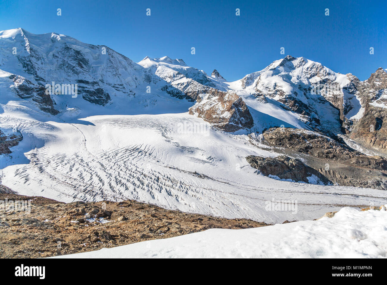 The Bernina mountain peaks and the Diavolezza Glacier near St. Moritz ...