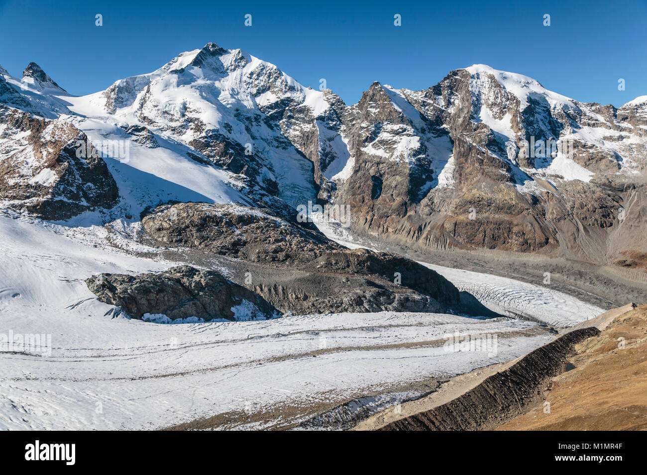 The Bernina mountain peaks and the Diavolezza Glacier near St. Moritz ...