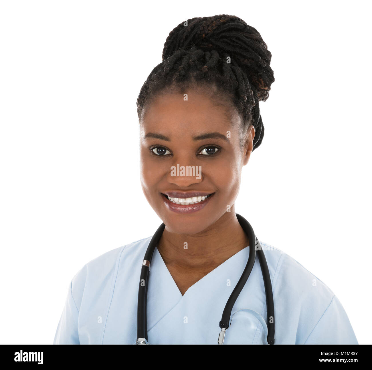 Happy African Female Doctor Standing In Front Of White Background Stock ...
