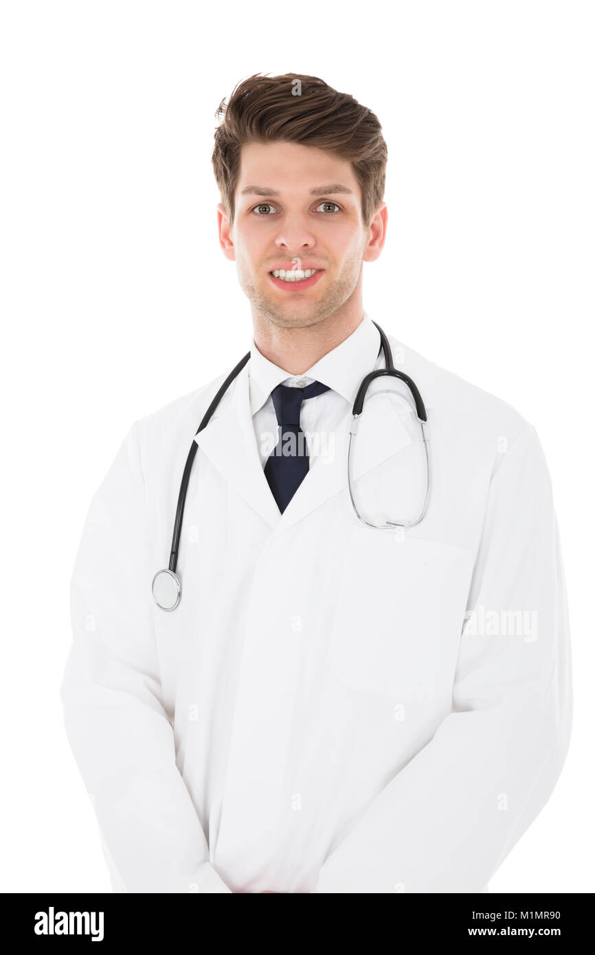 Portrait Of A Male Doctor Against White Background Stock Photo - Alamy