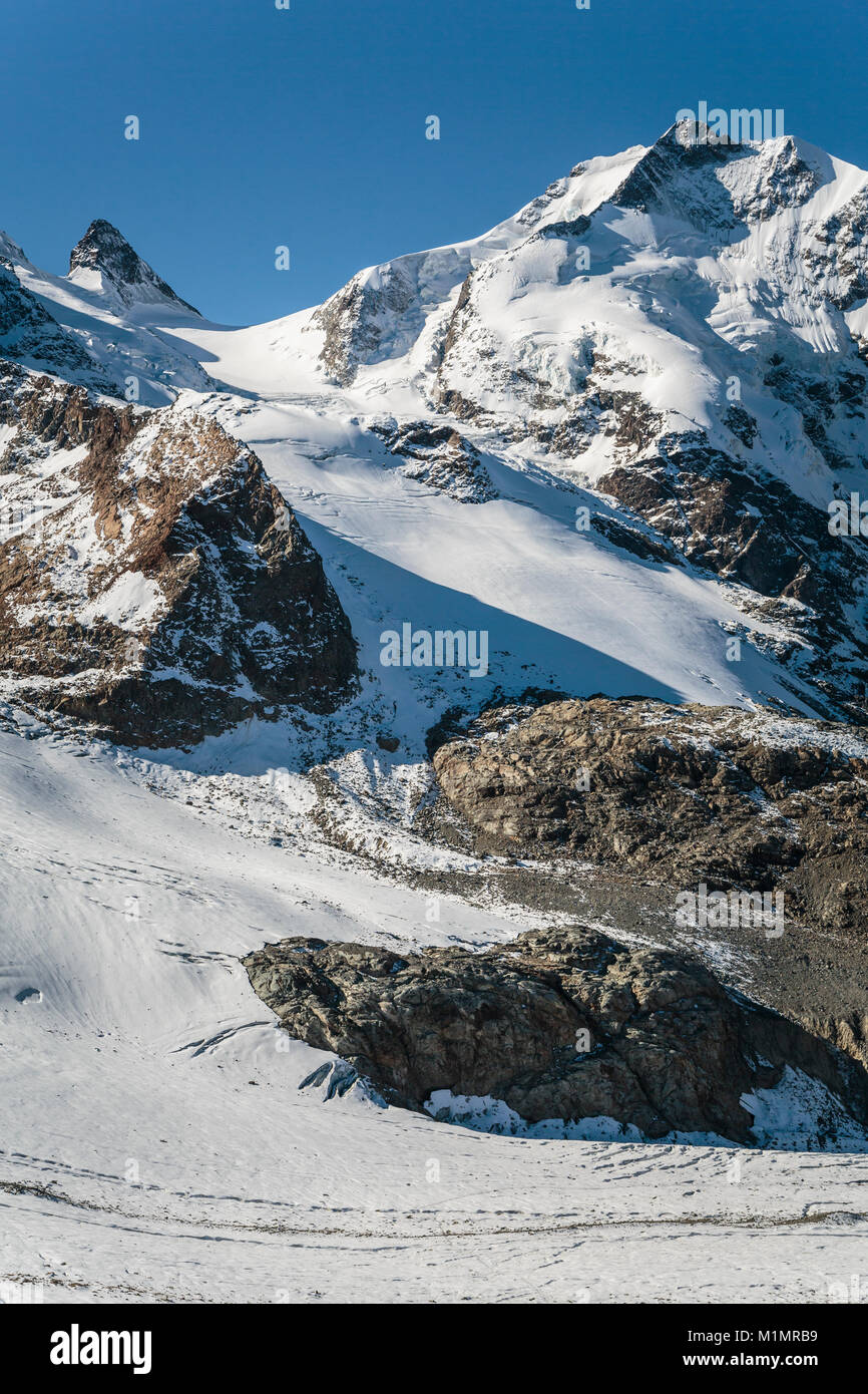 The Bernina mountain peaks and the Diavolezza Glacier near St. Moritz ...
