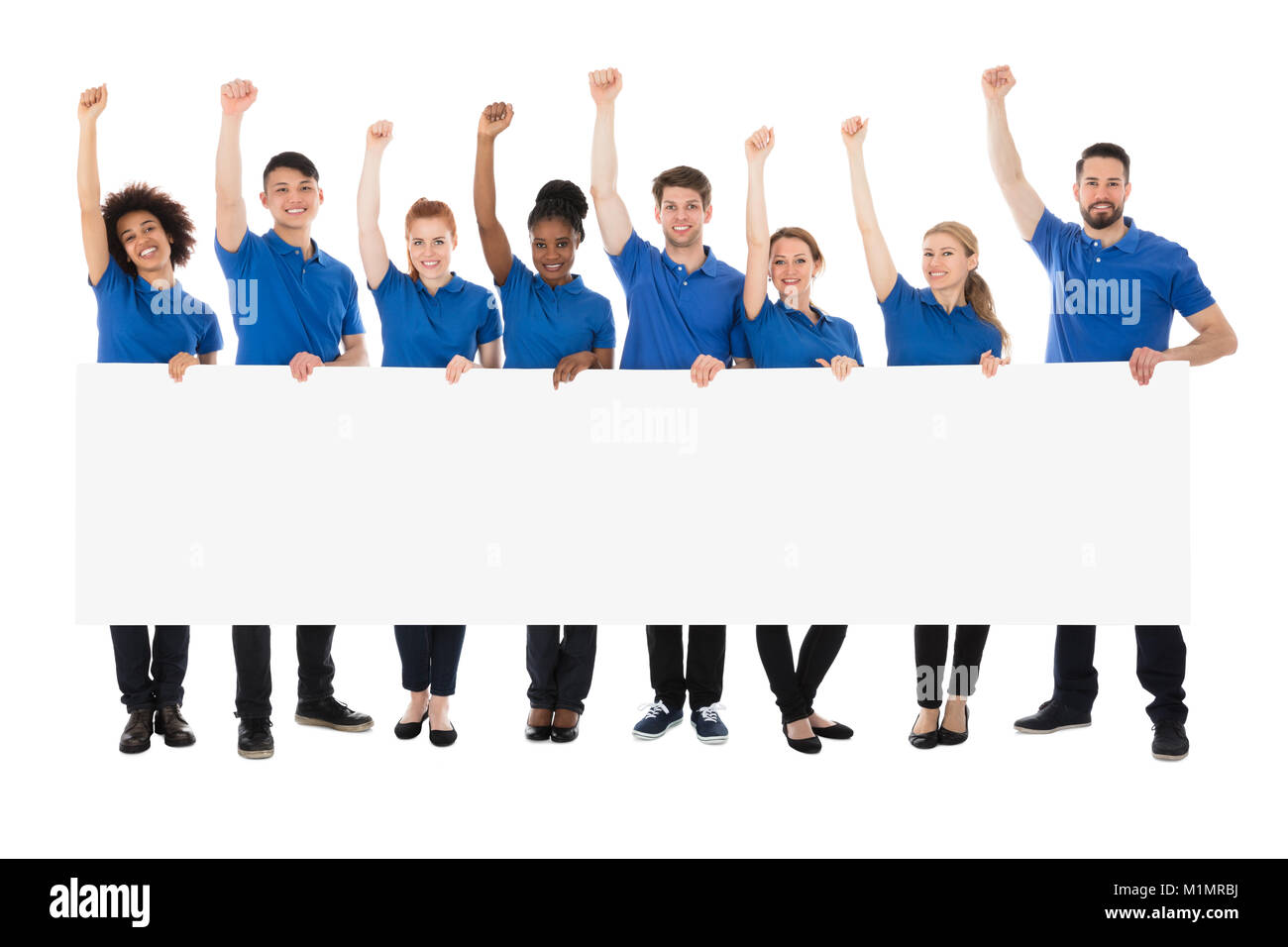 Happy Multiracial Janitors With Banner Raising Their Arms Stock Photo ...