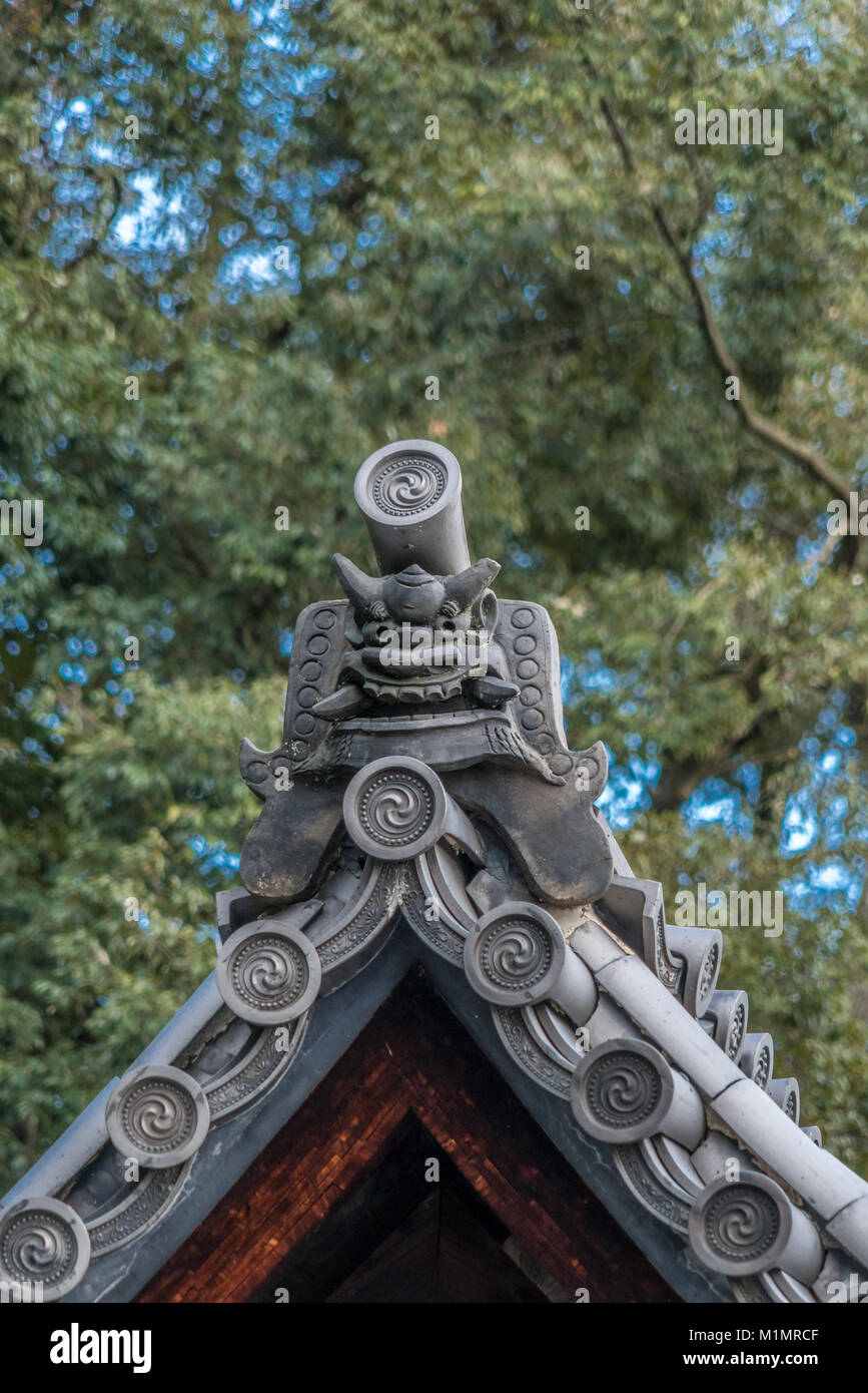 Onigawara Goblin ogre tile ornament of Fudo-do Hall at Rokuon-ji temple ...