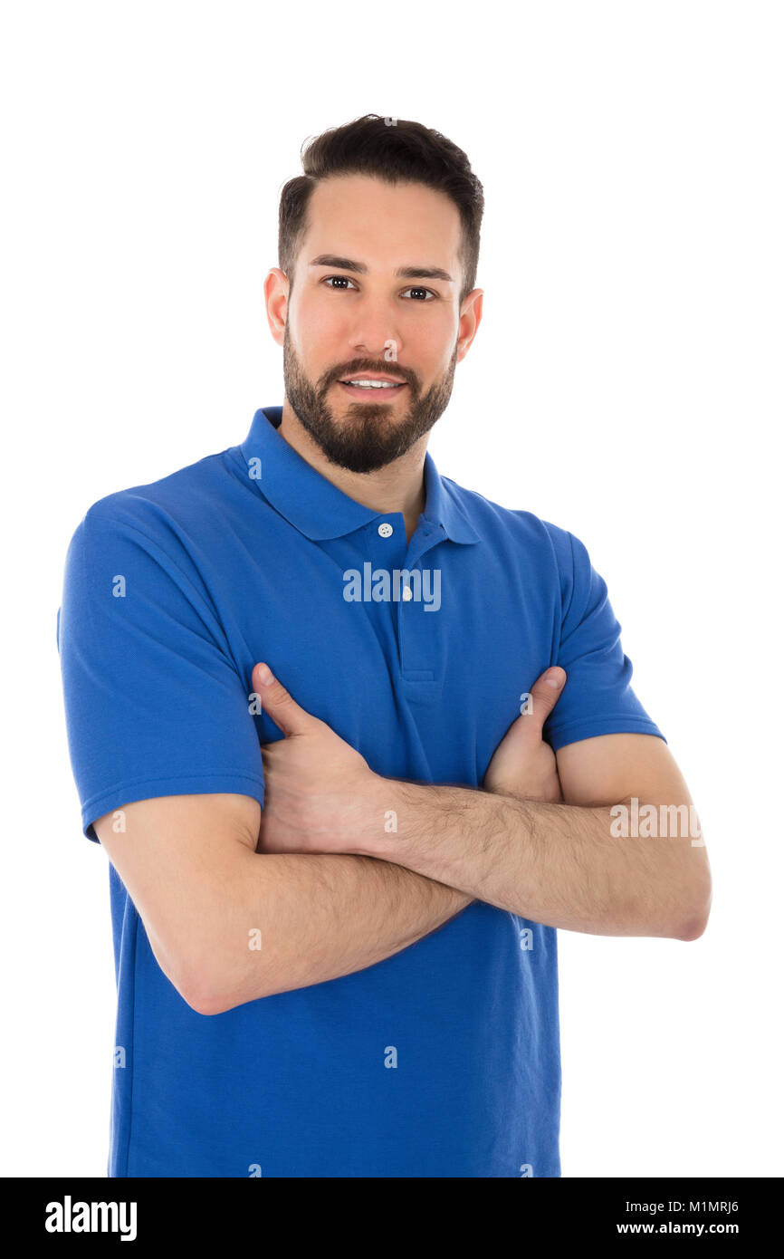 Portrait Of A Happy Male Janitor Standing In Front Of White Background ...
