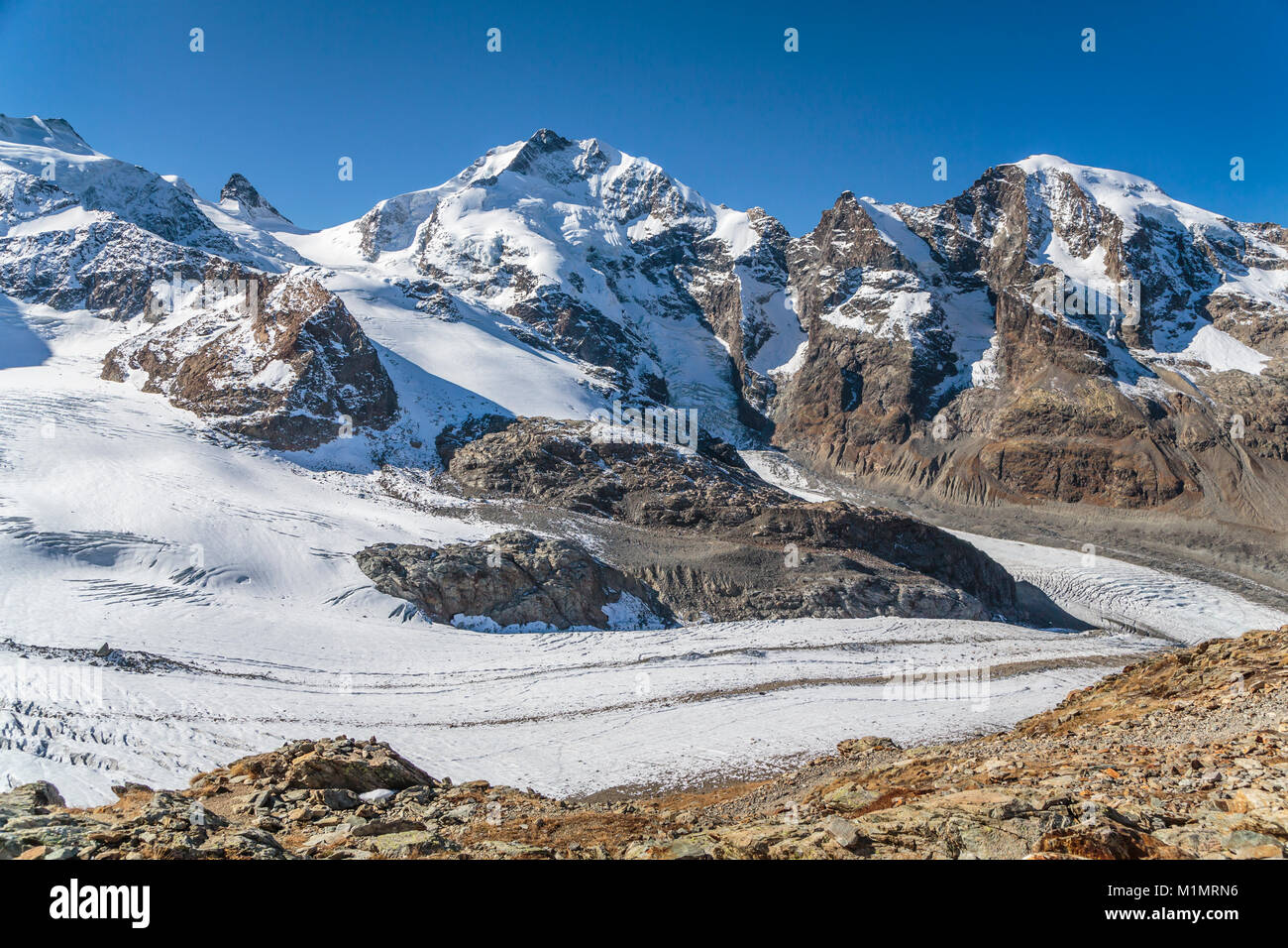 The Bernina mountain peaks and the Diavolezza Glacier near St. Moritz ...