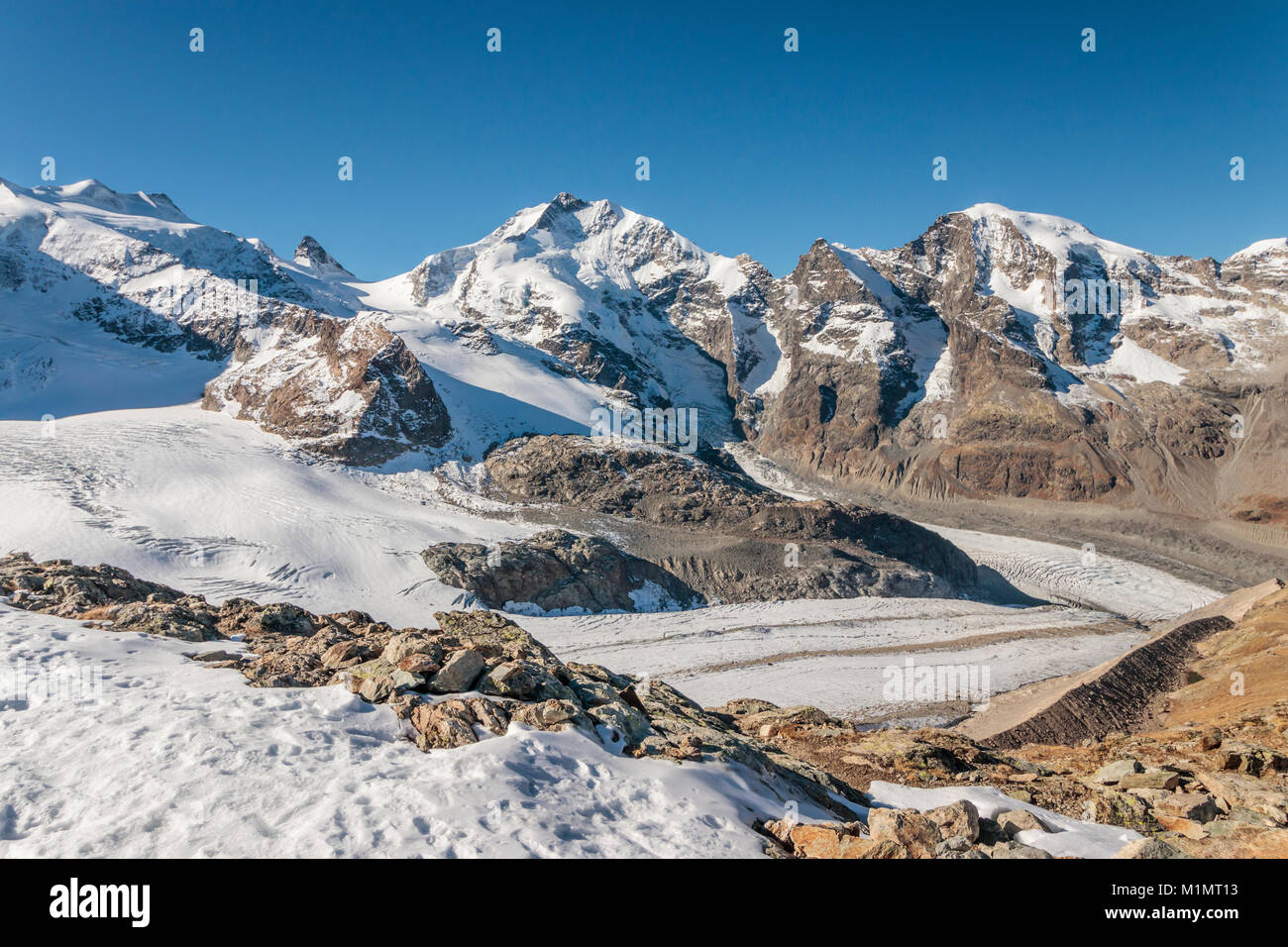 The Bernina mountain peaks and the Diavolezza Glacier near St. Moritz ...