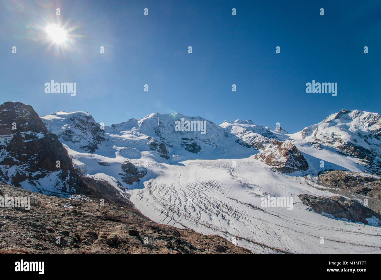 The Bernina mountain peaks and the Diavolezza Glacier near St. Moritz ...