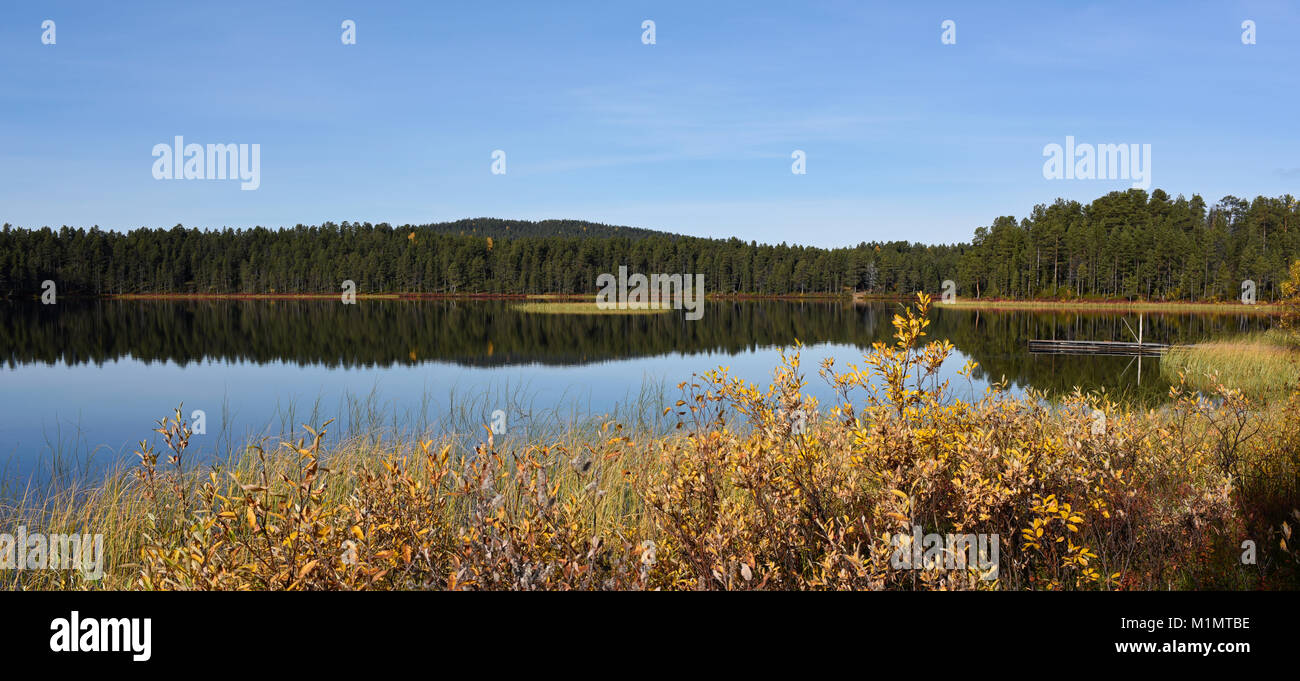Tranquil reflections at a lake inside Lemmenjoki National Park, Lapland ...