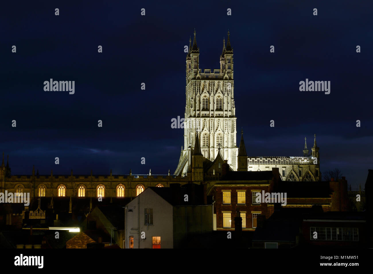 Gloucester Cathedral at night in Gloucester city centre UK Stock Photo ...