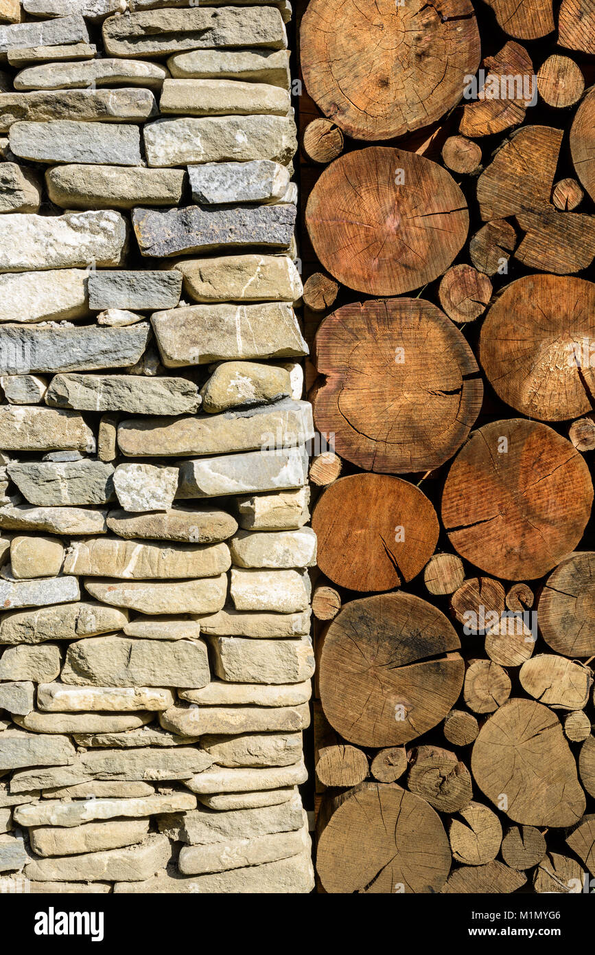 Stone and wood background. Building with stone columns and wooden ...