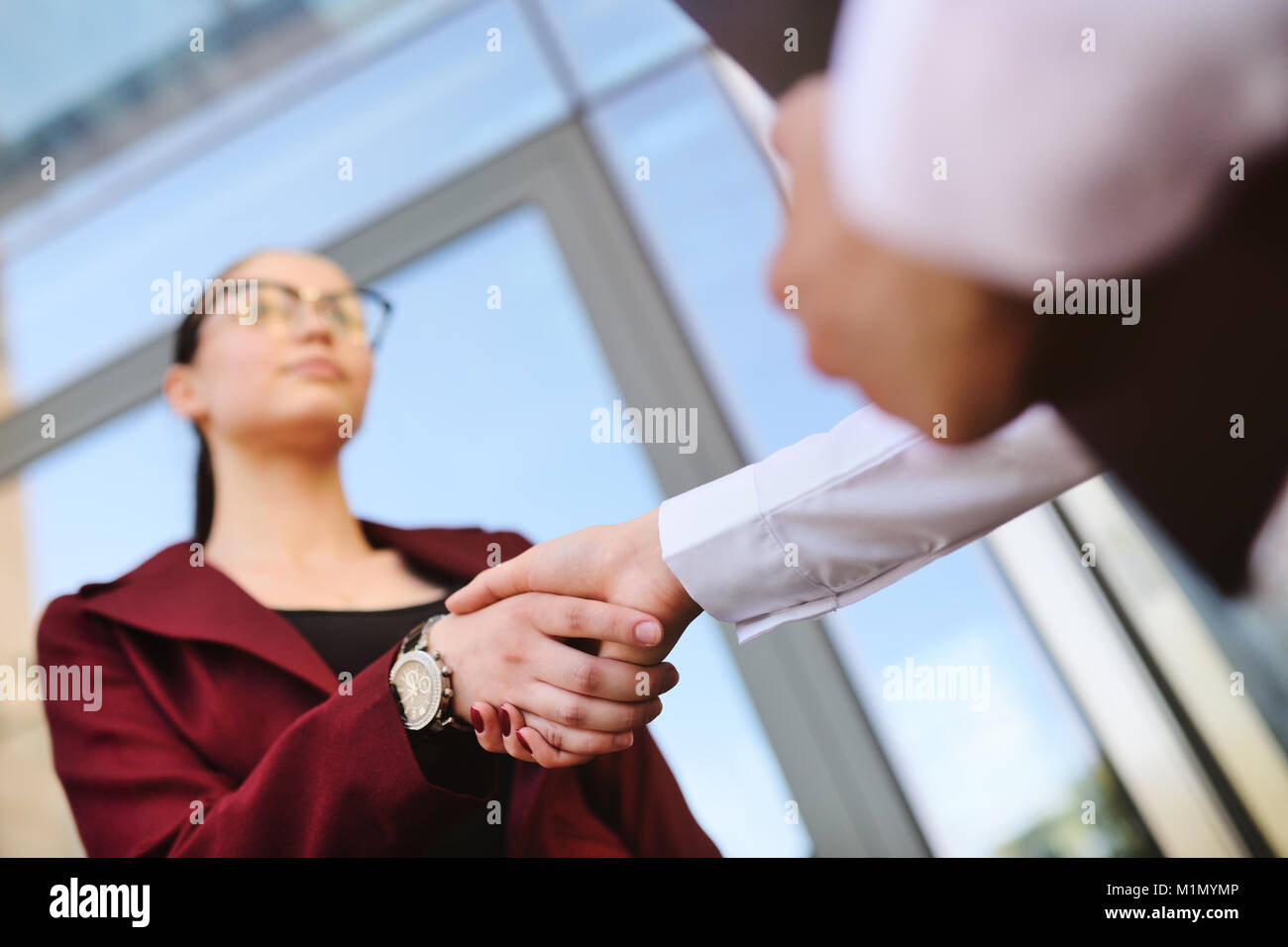 two young cute business women shaking hands. A successful transaction ...