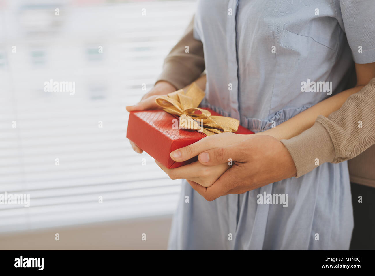Couple in love. Couple hugging with wrapped present Stock Photo - Alamy
