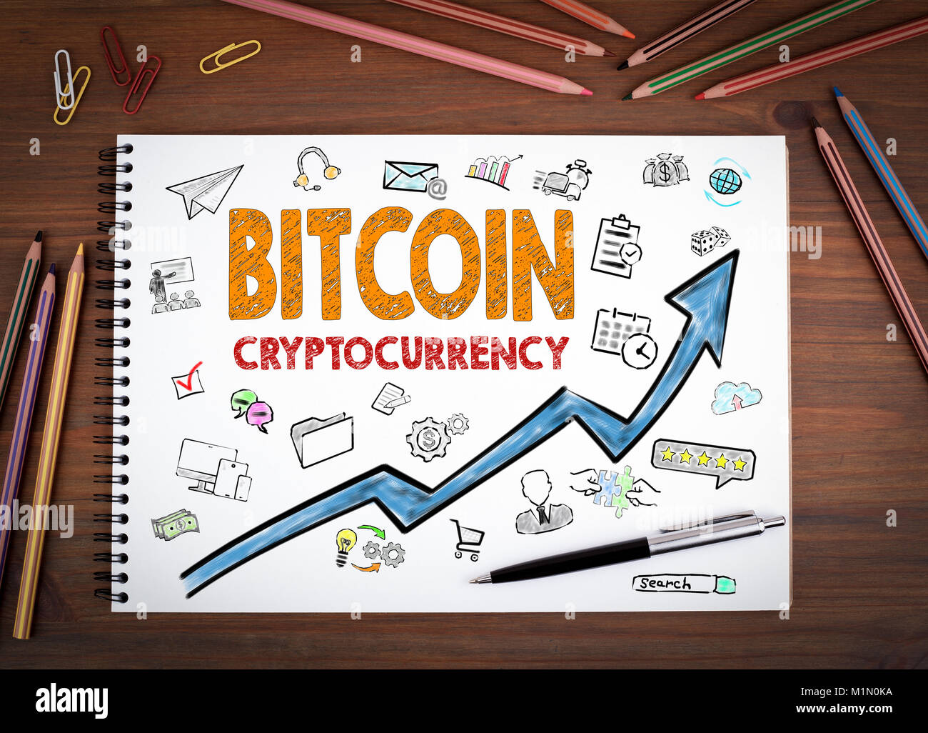 Bitcoin Cryptocurrency, Business Concept. Notebooks, pen and colored ...