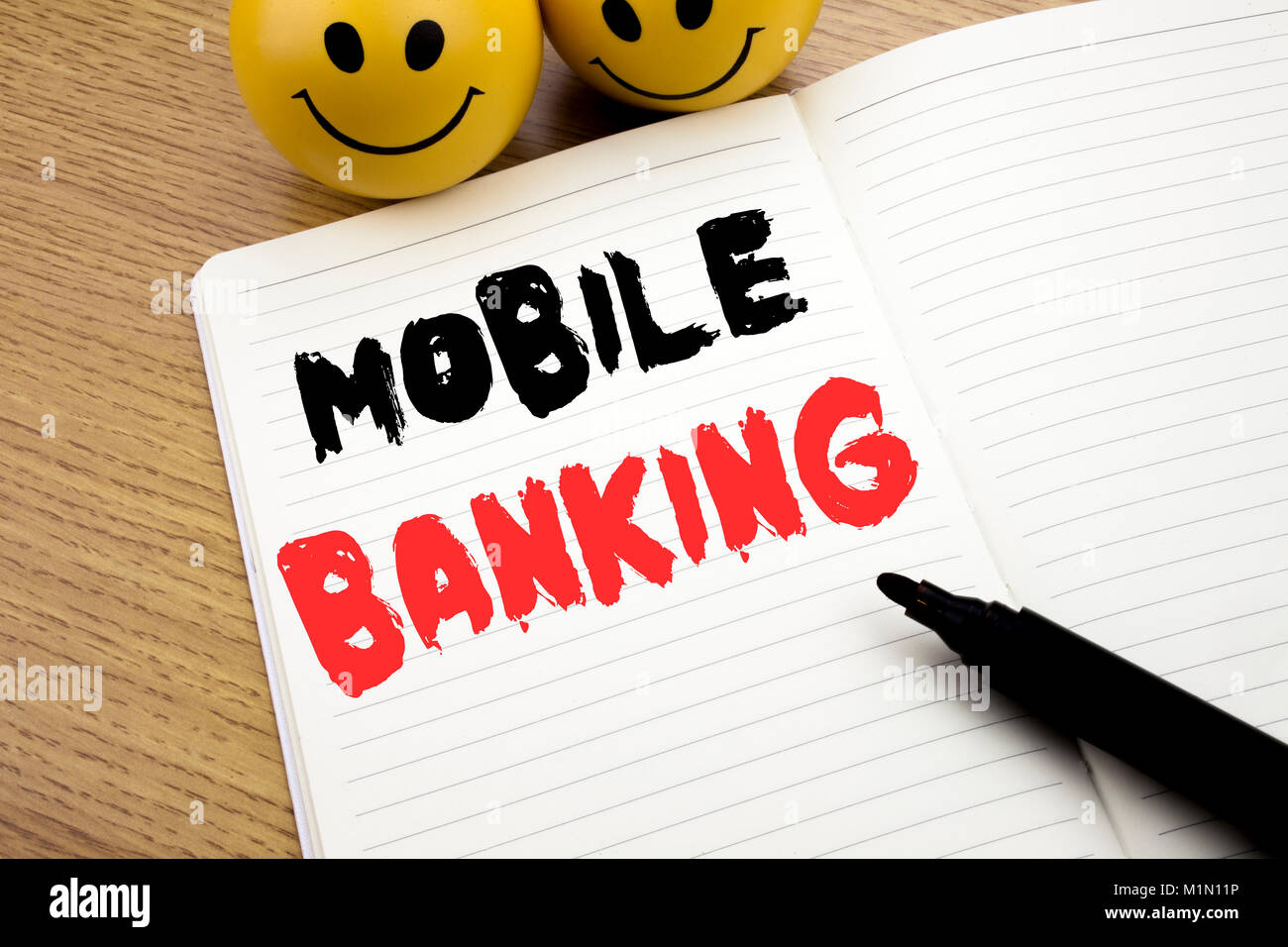 Handwritten text caption showing Mobile Banking. Business concept ...