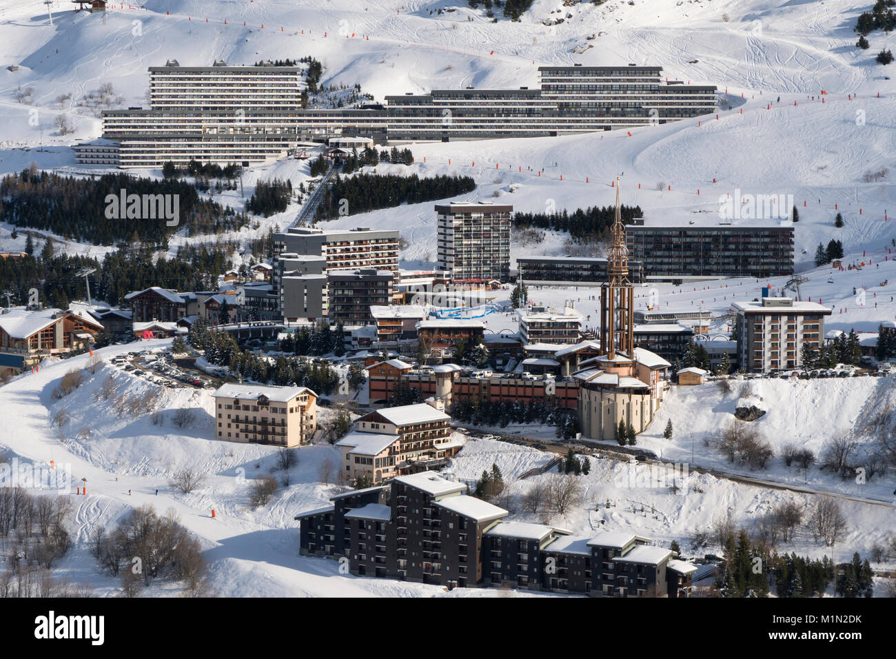 View of Les Menuires from La Masse showing the distinctive architecture ...