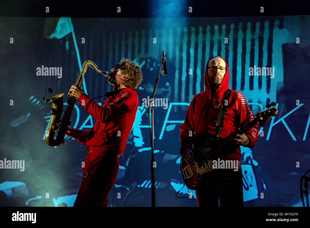 The red jumpsuit-wearing Norwegian electronic rock band Datarock is here seen doing a sound ...