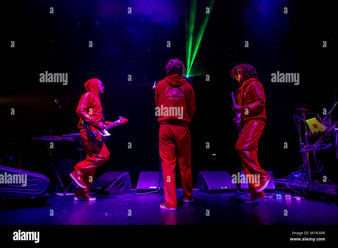 The red jumpsuit-wearing Norwegian electronic rock band Datarock is here seen doing a sound ...