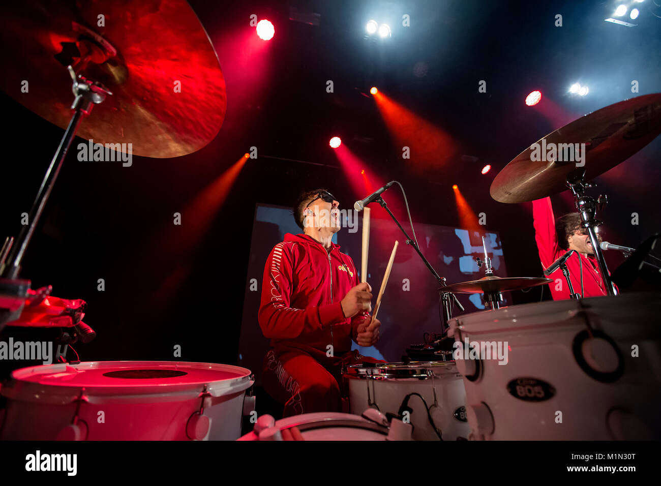 The red jumpsuit-wearing Norwegian electronic rock band Datarock is here seen doing a sound ...
